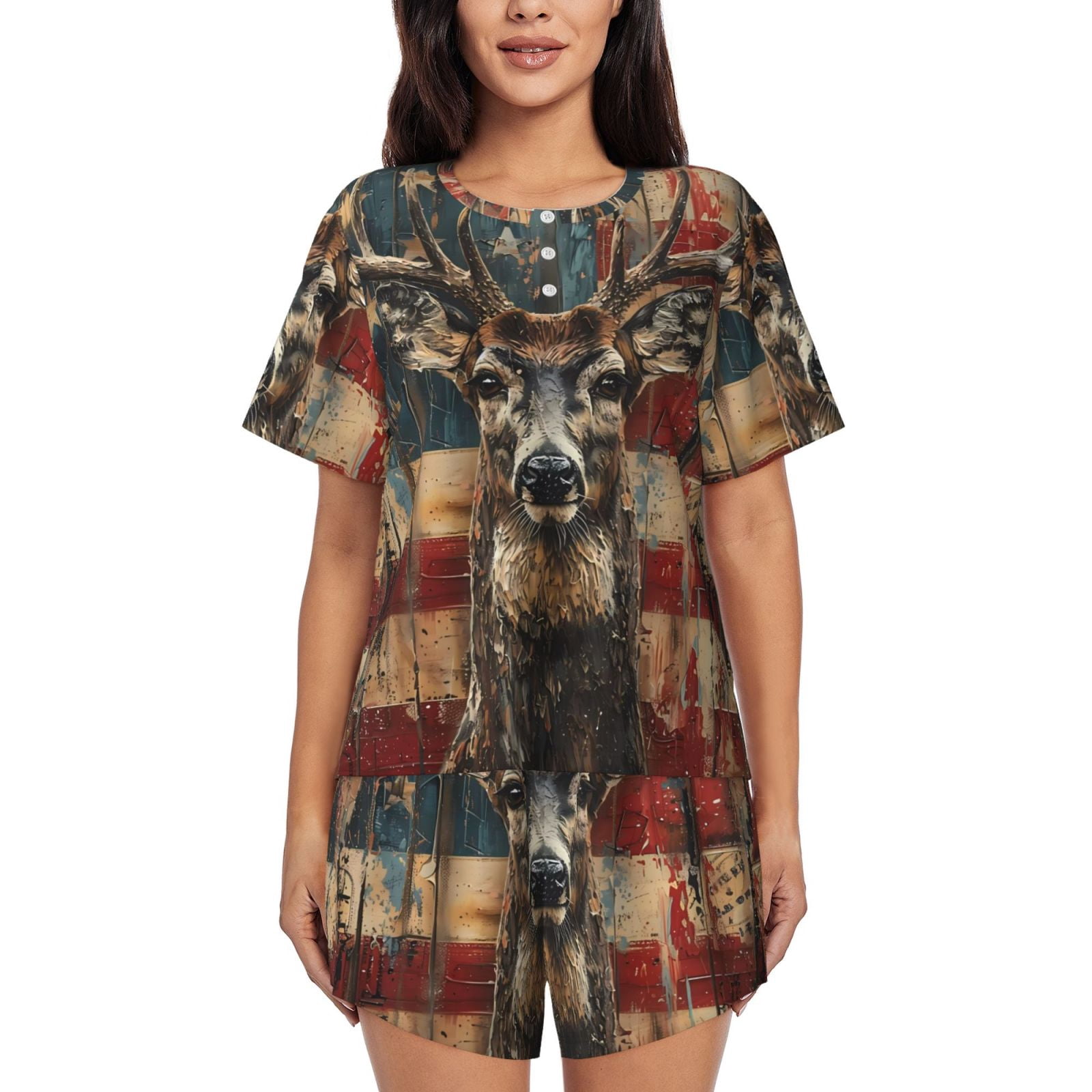 Adobk American Flag Deer Art Print Women Pajamas Sets for Short-Sleeved ...
