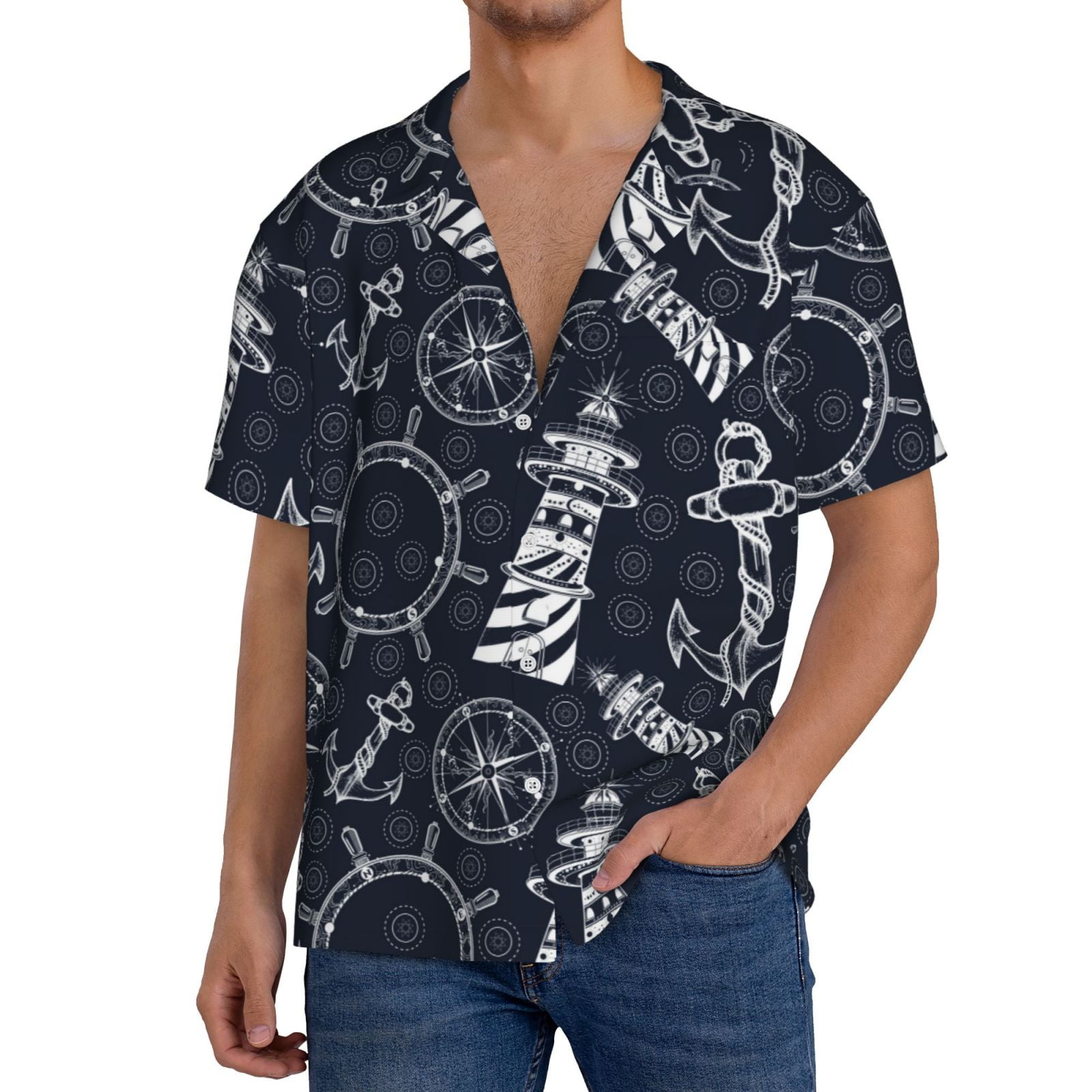 Adobk Anchor and Lighthouse Print Men's Casual Button Down Shirt Summer ...