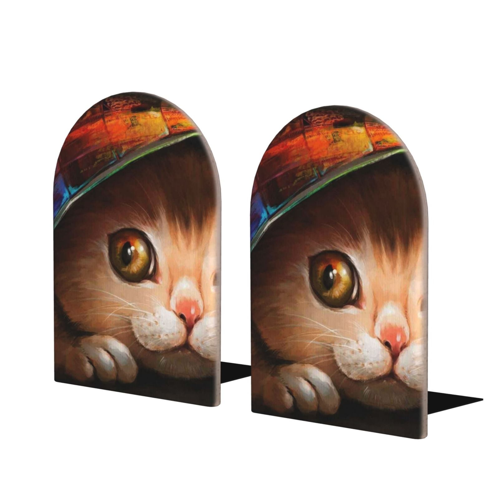 Adobk Animal Cat Print Wooden Bookends with Metal Base,on-Skid Bookend ...
