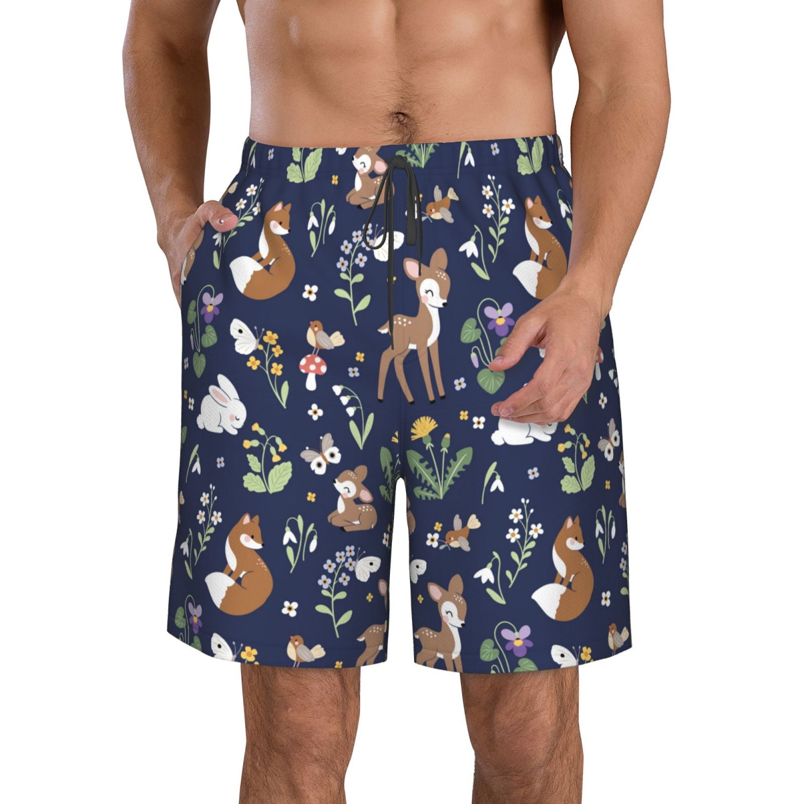 Adobk Animals And Wildflowers Print Men's Swim Trunks Hawaiian Bathing Suit Swimsuits Beach ...