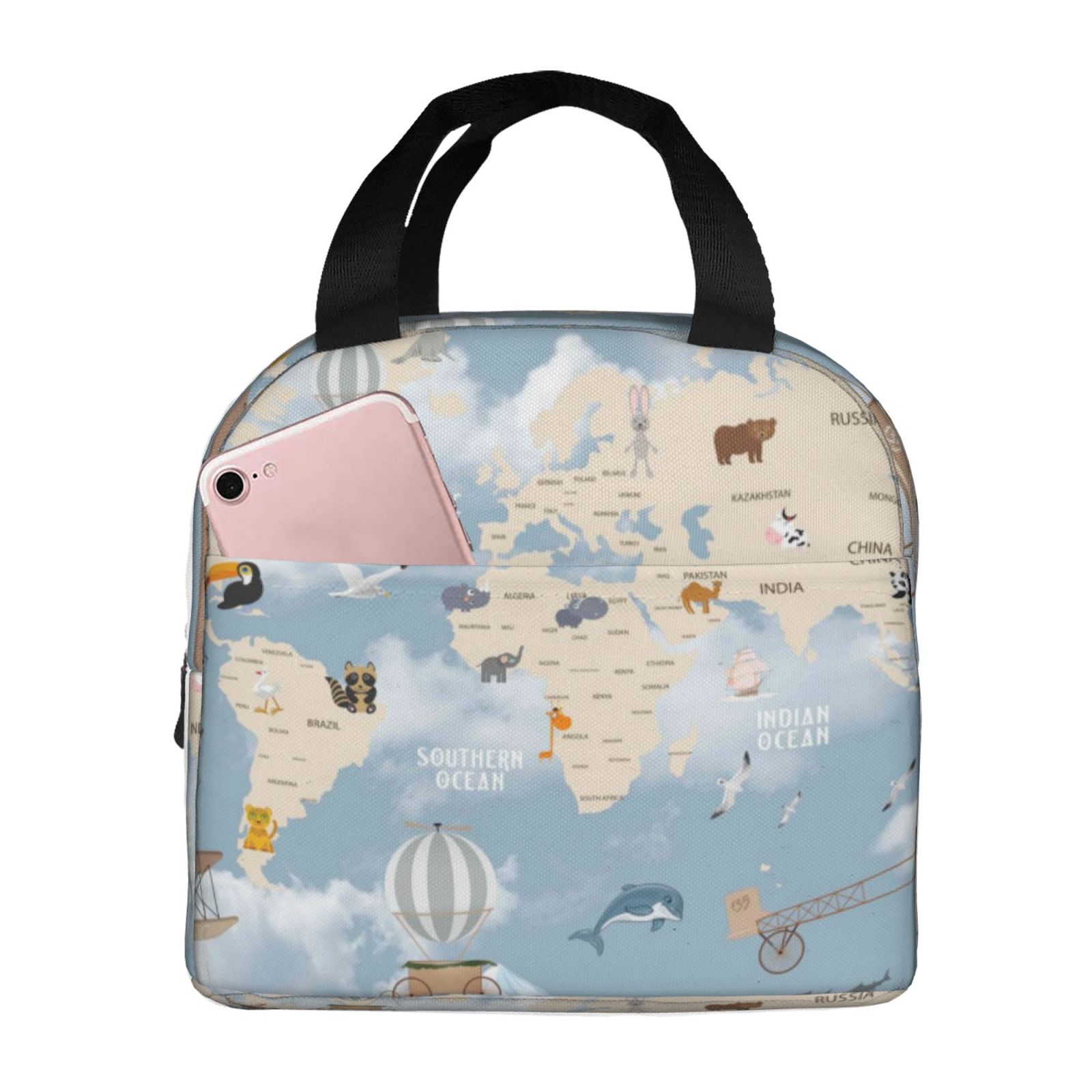Adobk Animals Travel World Map Print Lunch Bag for Women Men Insulated ...