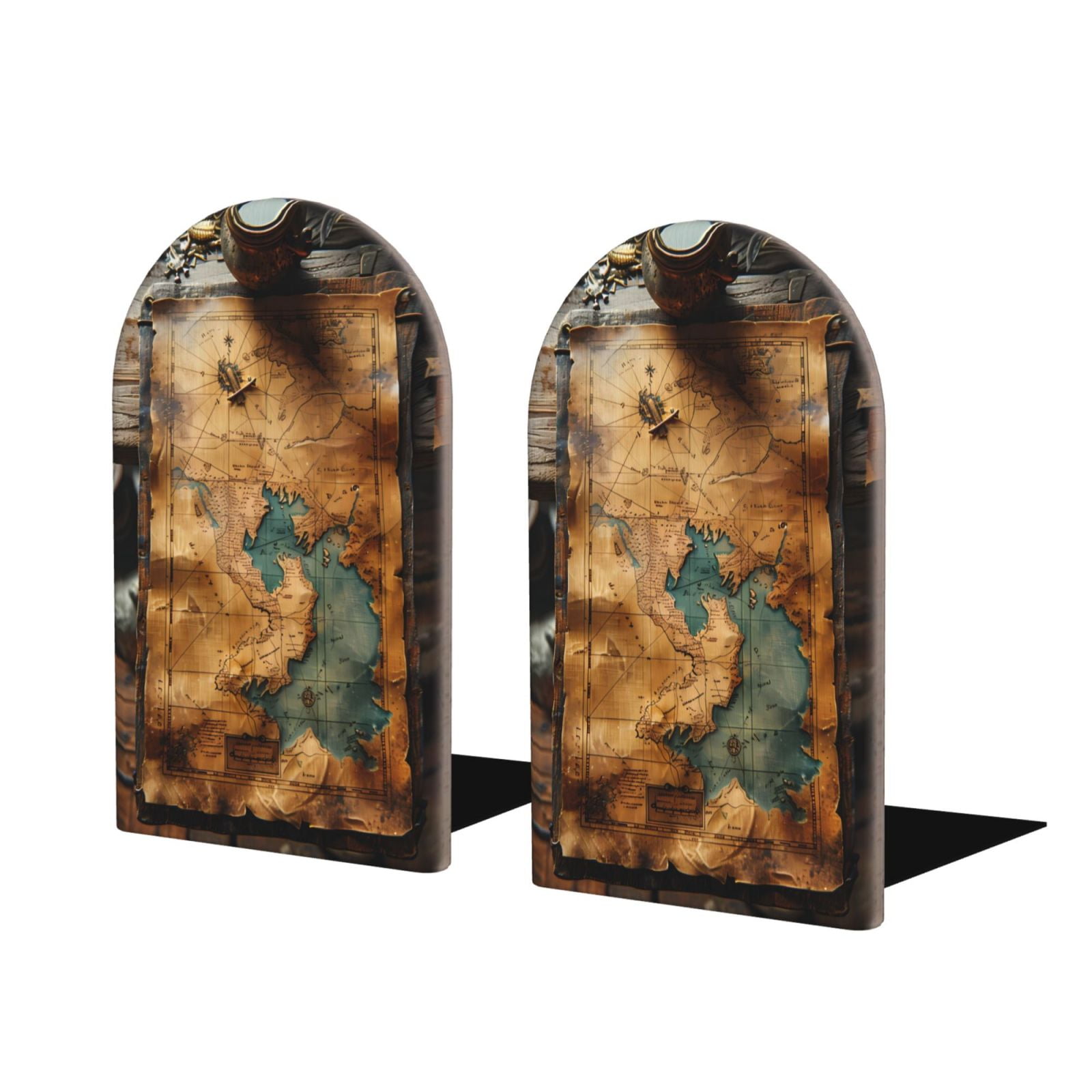 Adobk Antique Map Adventure Scene Print Wood,Non-Skid Bookend for ...
