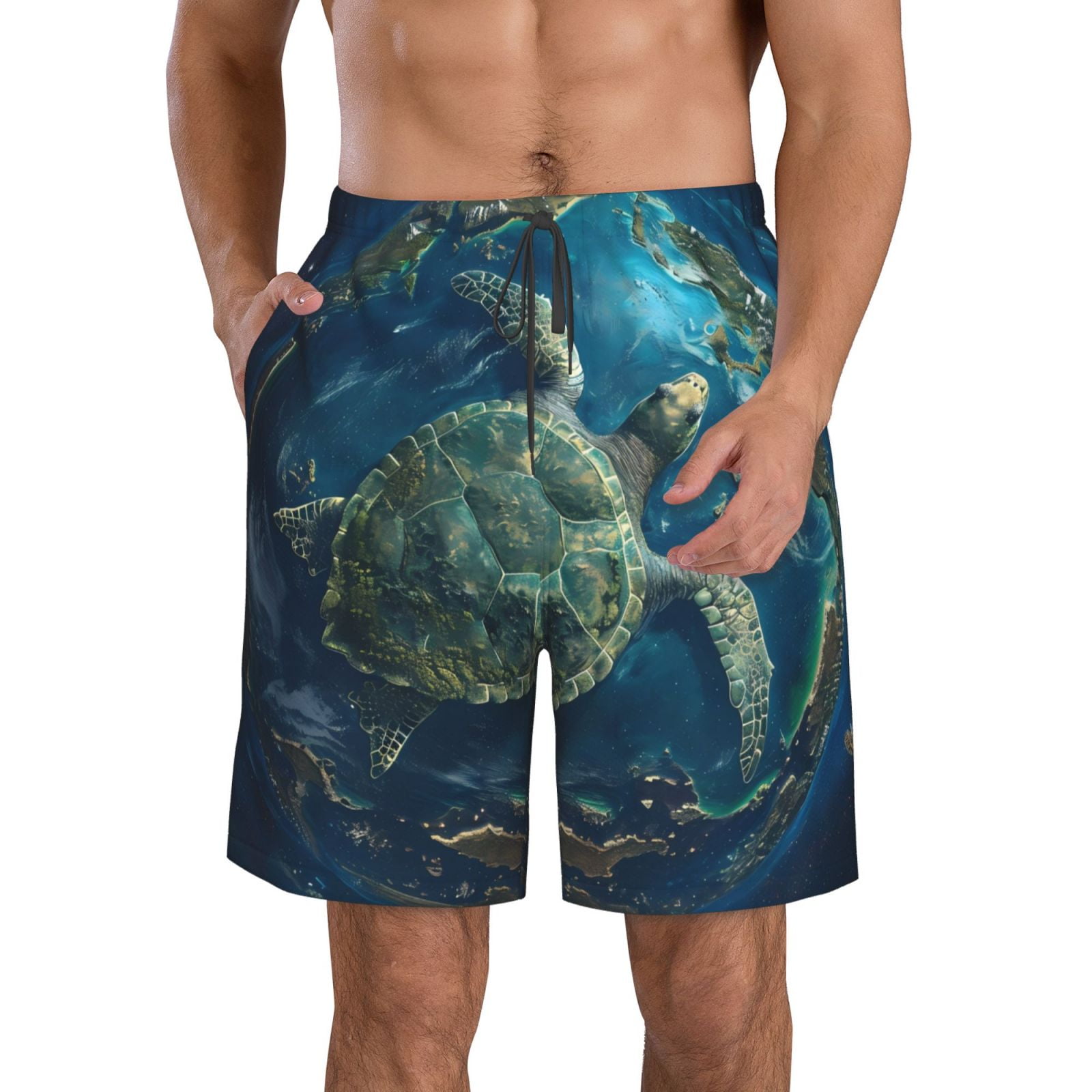 Adobk Artistic Turtle Earth Print Men's Swim Trunks Hawaiian Bathing ...