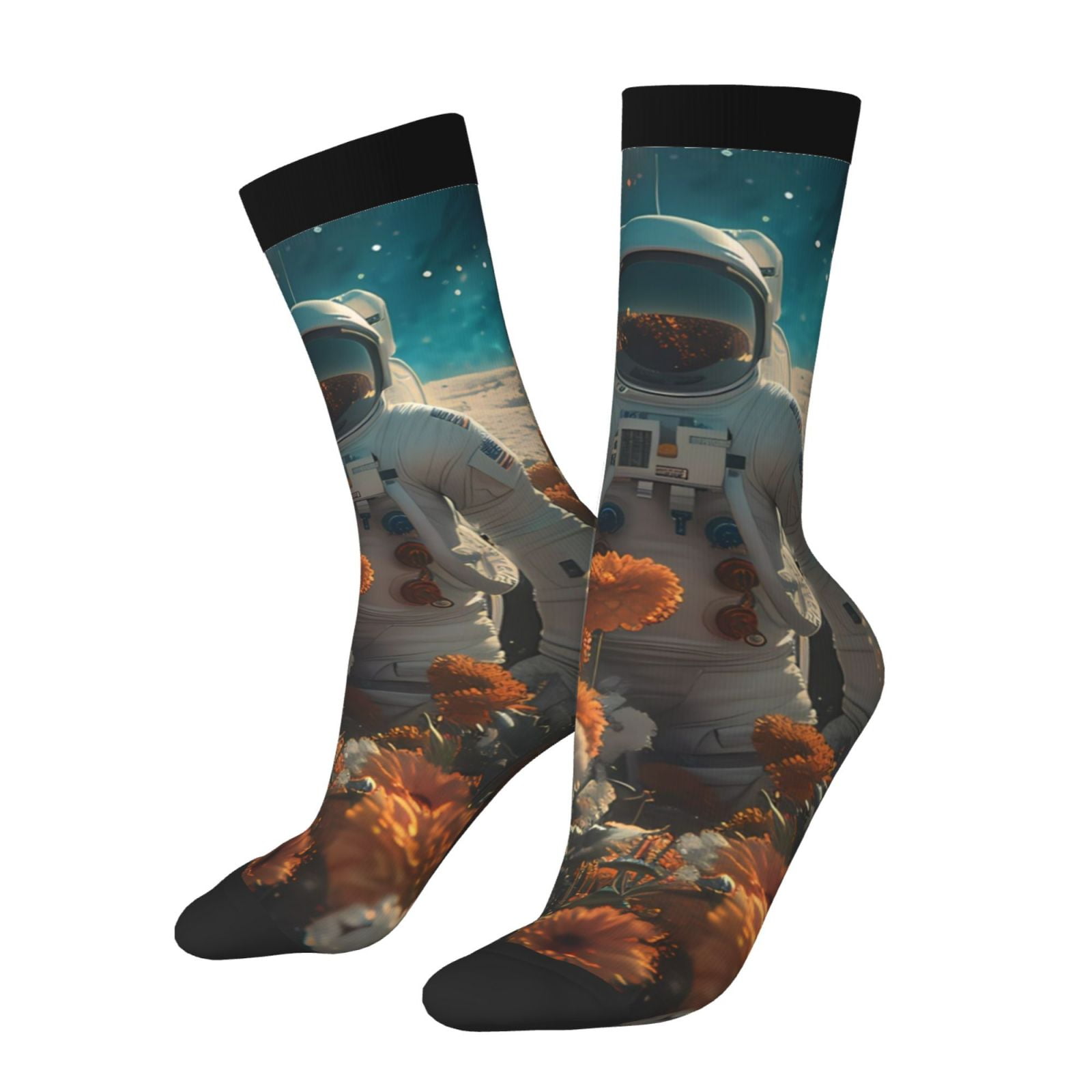 Adobk Astronaut Flower Field Print Adult Socks Crew Socks Athletic Tube ...