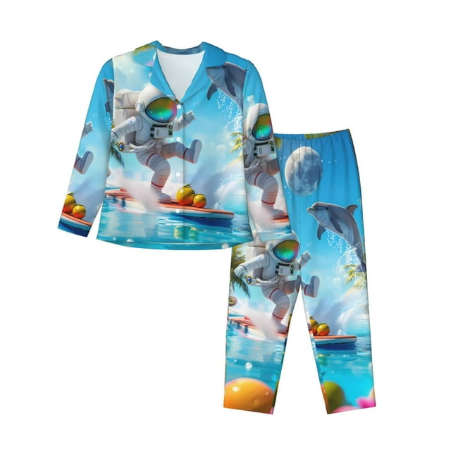 Adobk Astronaut Tropical Dolphin Print Pajamas Set Long Sleeve ...