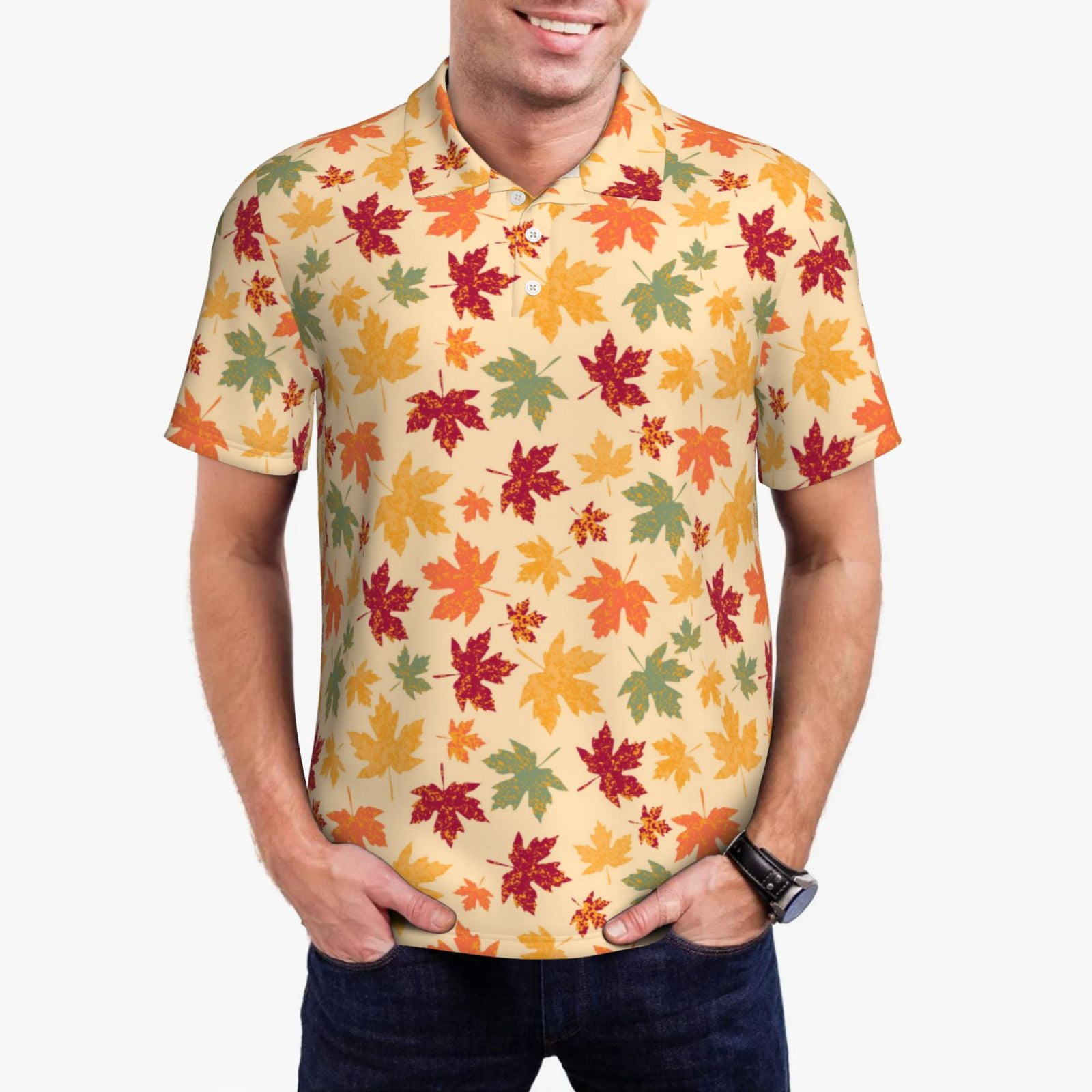 Adobk Autumn Maple Leaves Print Men’s Classic Polo Shirt Short Sleeve ...