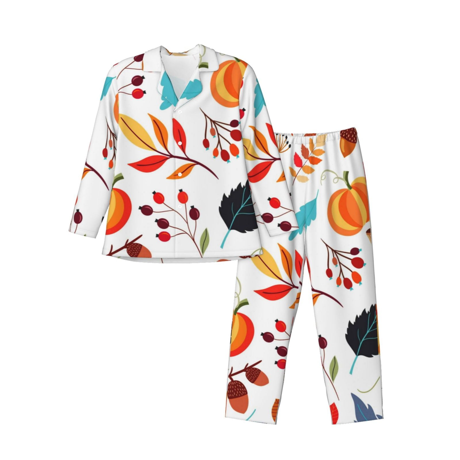 Adobk Autumn Pumpkins Fall Leaves Print Mens Pajamas Set Long Sleeve ...