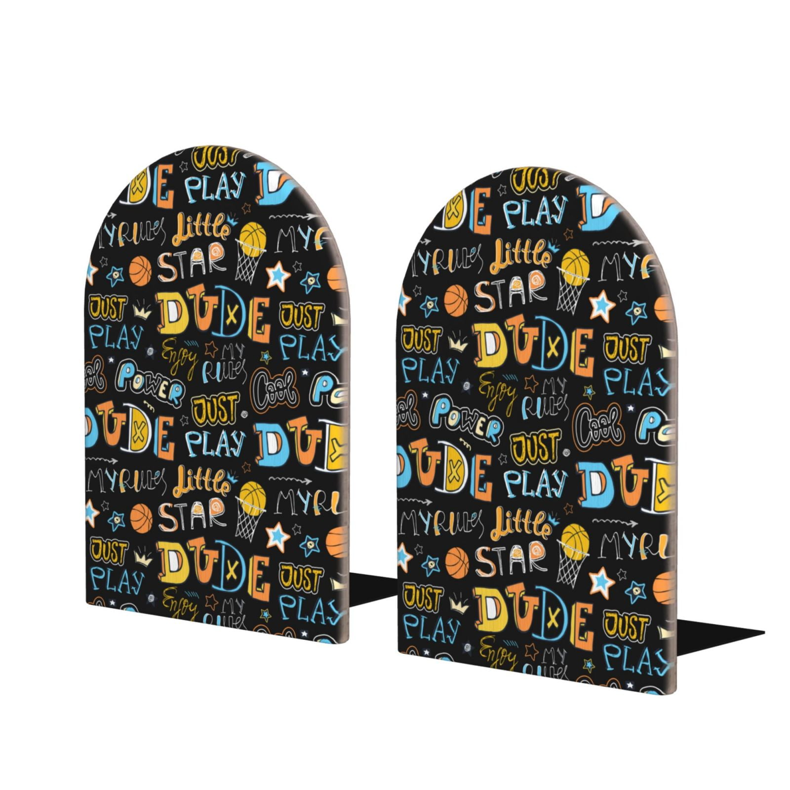 Adobk Basketball Print Wooden Bookends with Metal Base,on-Skid Bookend ...