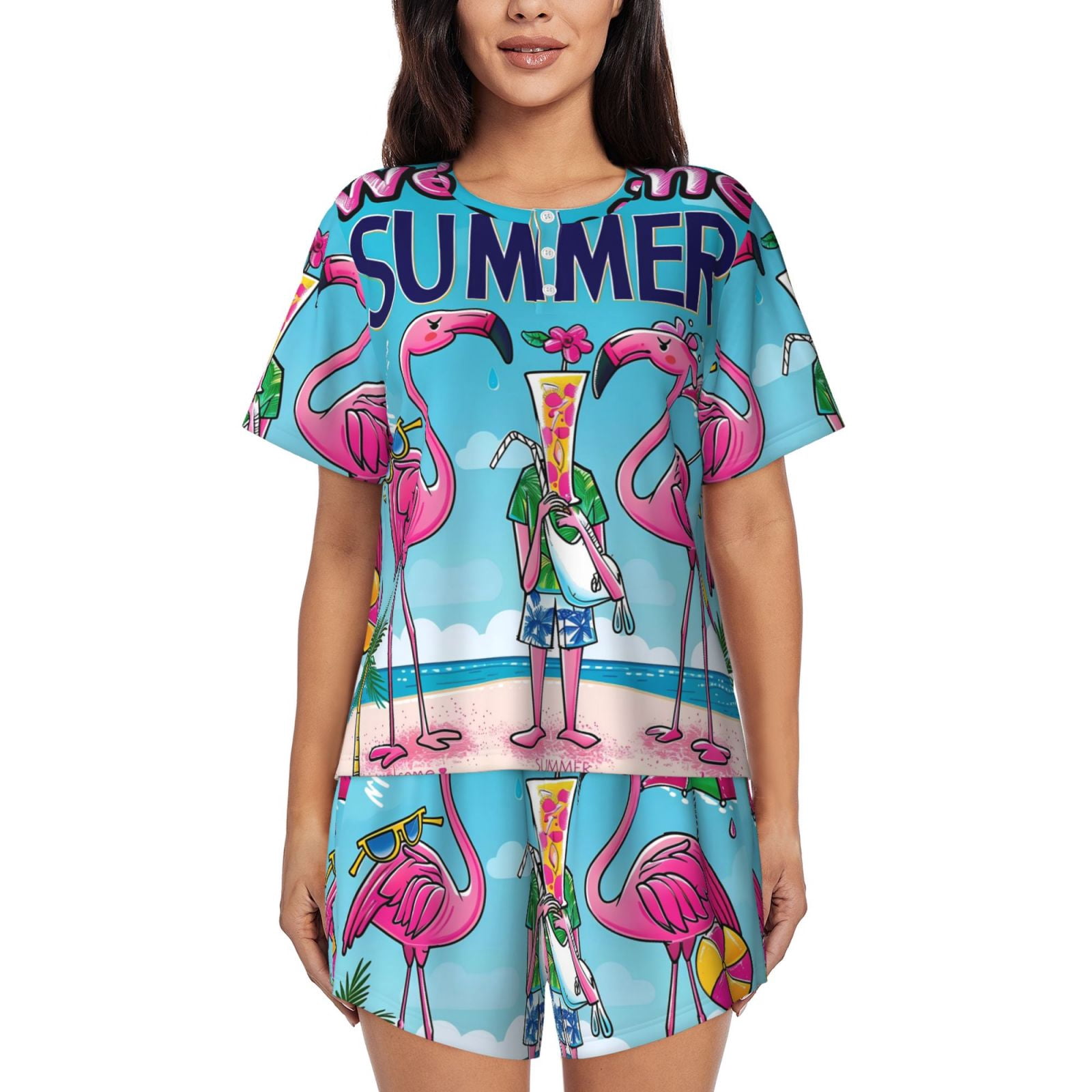 Adobk Beach Flamingo Trio Print Women Pajamas Sets for Short-Sleeved ...