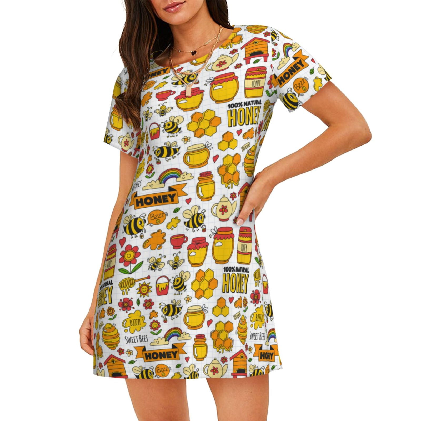 Adobk Bees And Honey 1 Print Womens Short Sleeve Sleepshirt Scoopneck ...