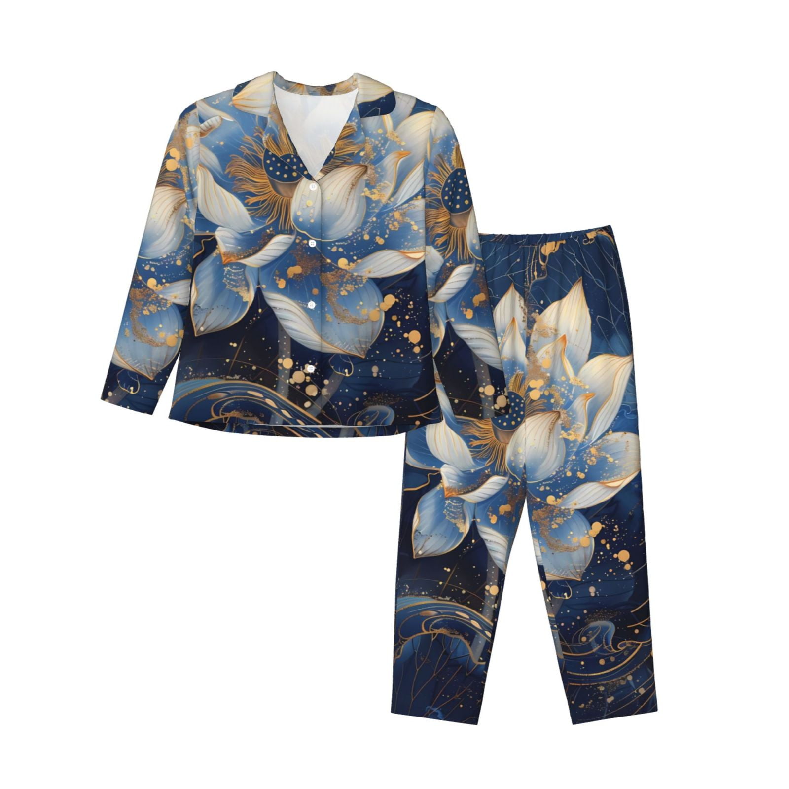 Adobk Blue Golden Dream Lotus Print Pajamas Set Long Sleeve Sleepwear ...