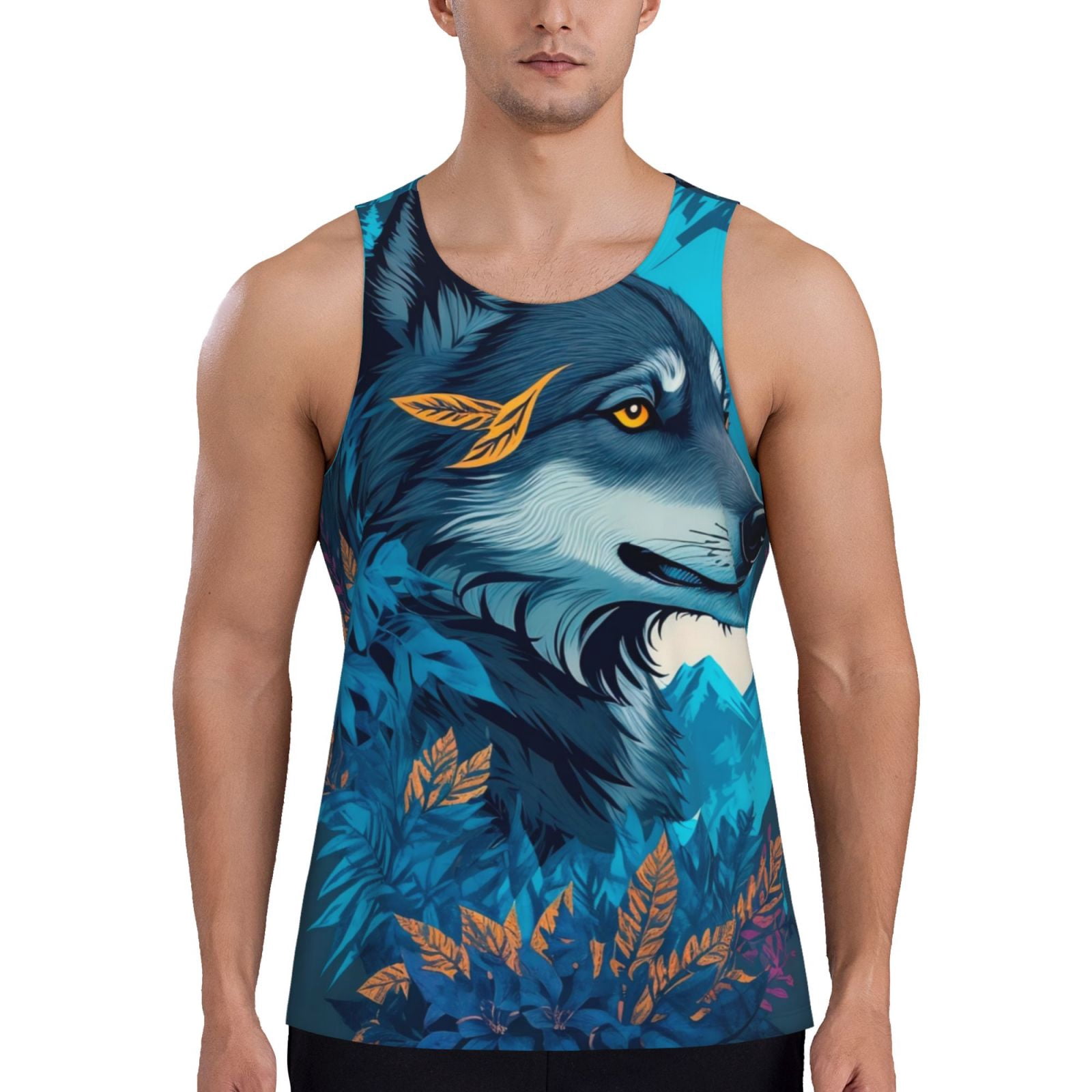 Adobk Blue Iceberg Leaf Wolf Print Men's Workout Tank Tops Sleeveless ...