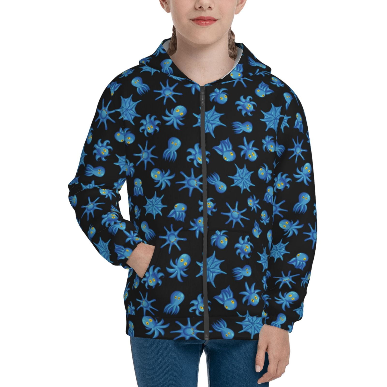 Adobk Blue Octopus Print Teenage Hoodies Fashion Crew Neck Zipper ...