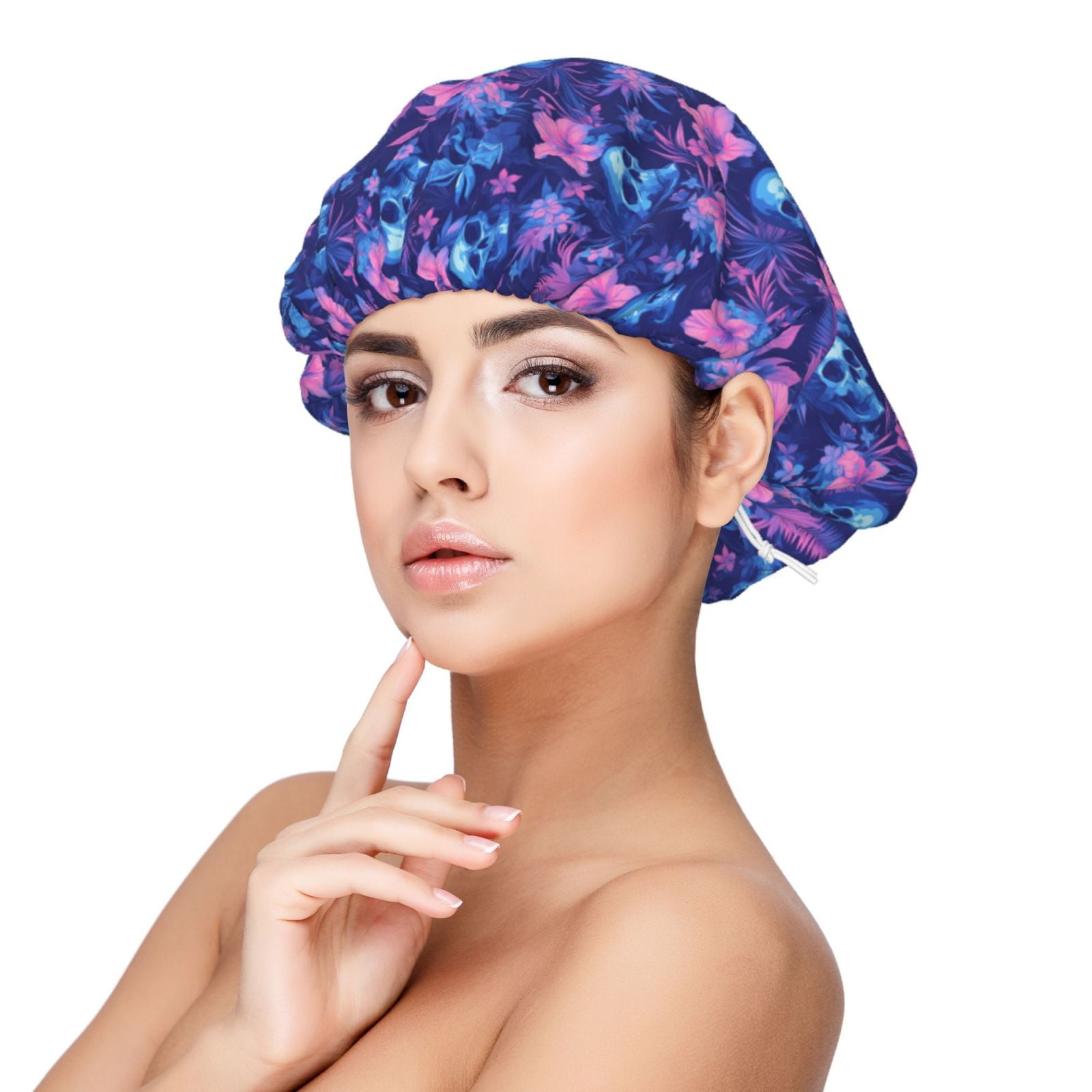 Adobk Blue Skull Leaf Print Satin Bonnet, Night Sleep Caps with Wide ...