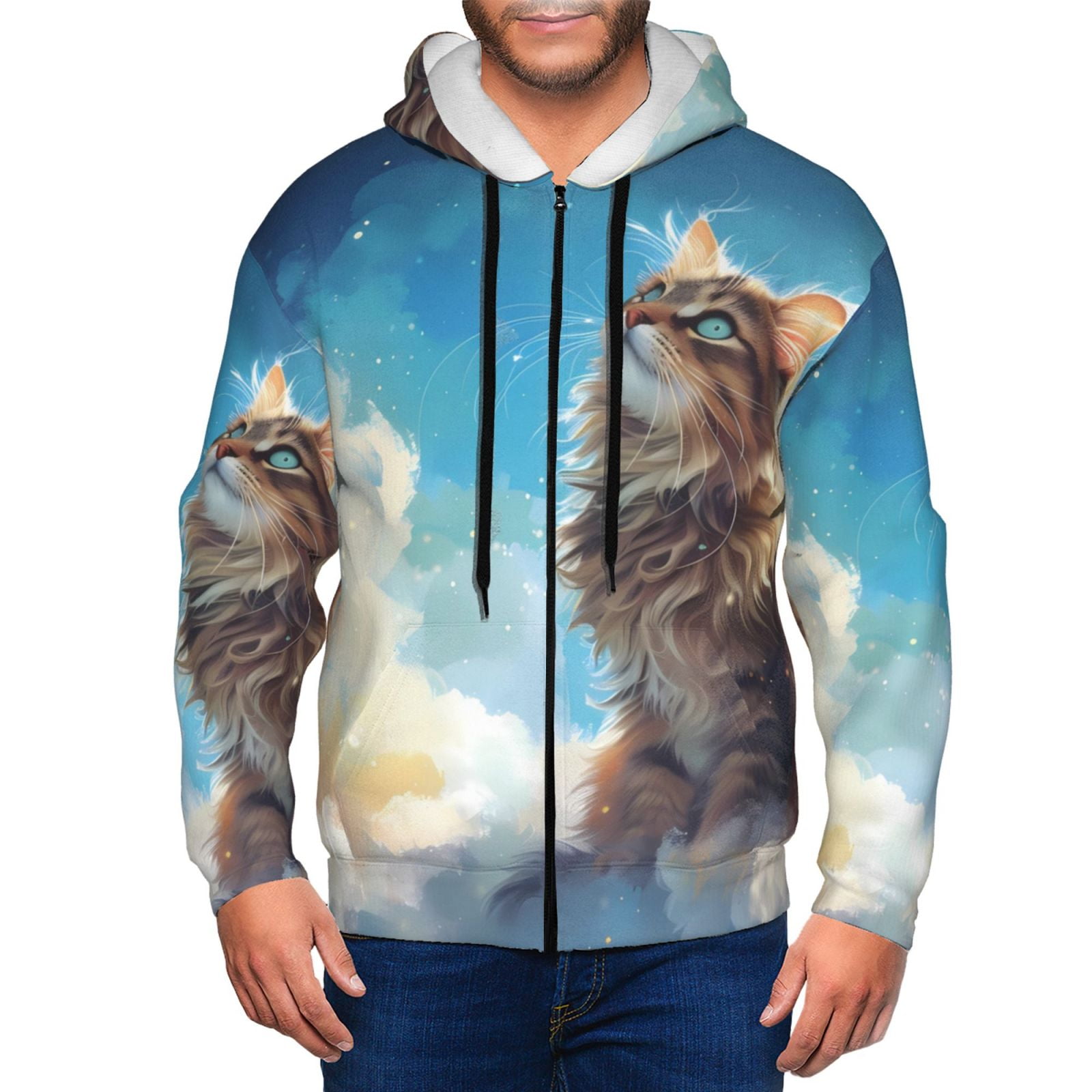 Adobk Blue Sky Winged Cat Print Mens Full-zip Hoodie, Zip-up Hooded ...