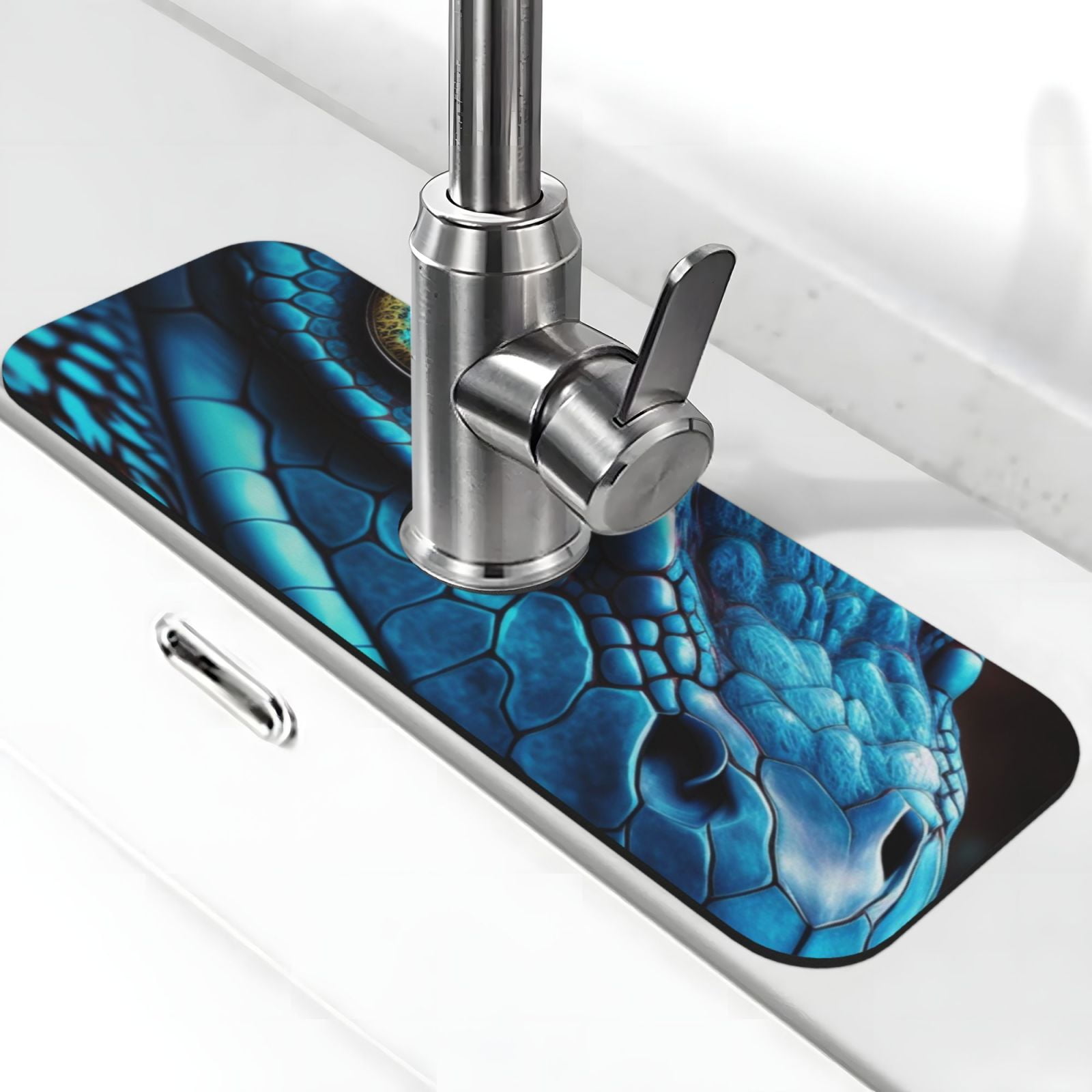 Adobk Blue Viper Snake Closeup Face Print Faucet Mat for Kitchen Sink ...