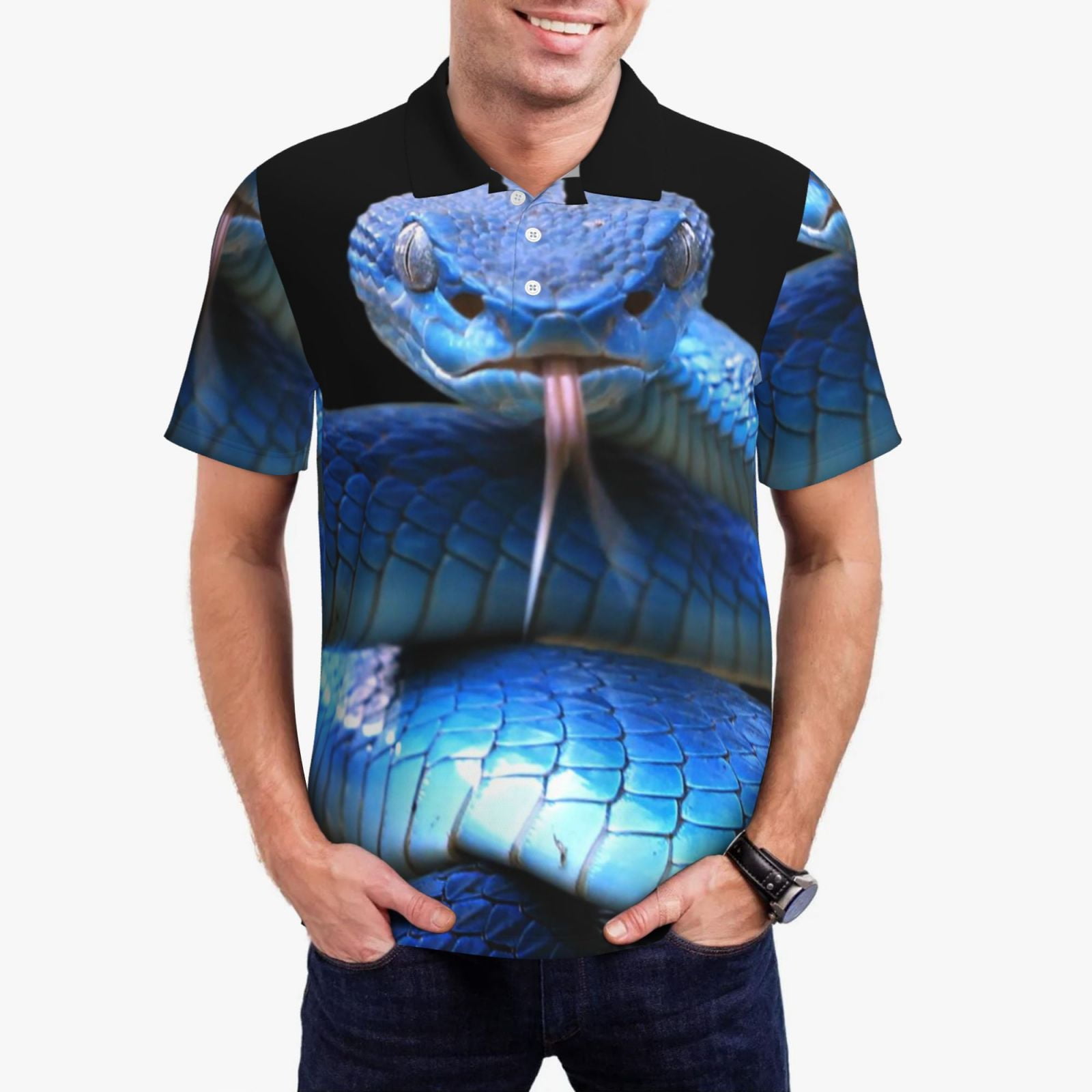 Adobk Blue Viper Snake Print Men’s Classic Polo Shirt Short Sleeve ...