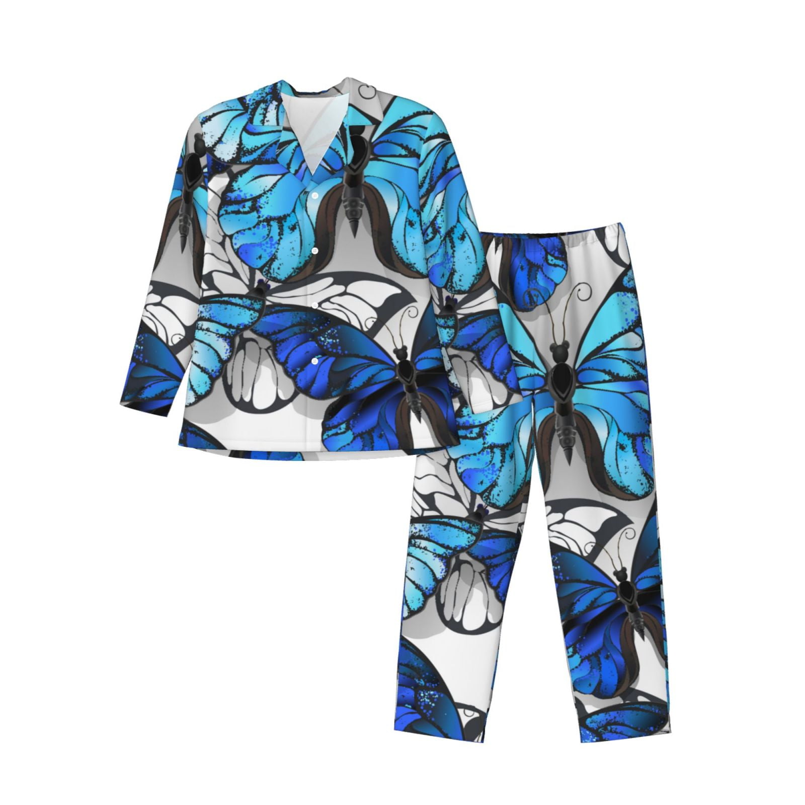 Adobk Blue and White Butterflies Print Mens Pajamas Set Long Sleeve ...