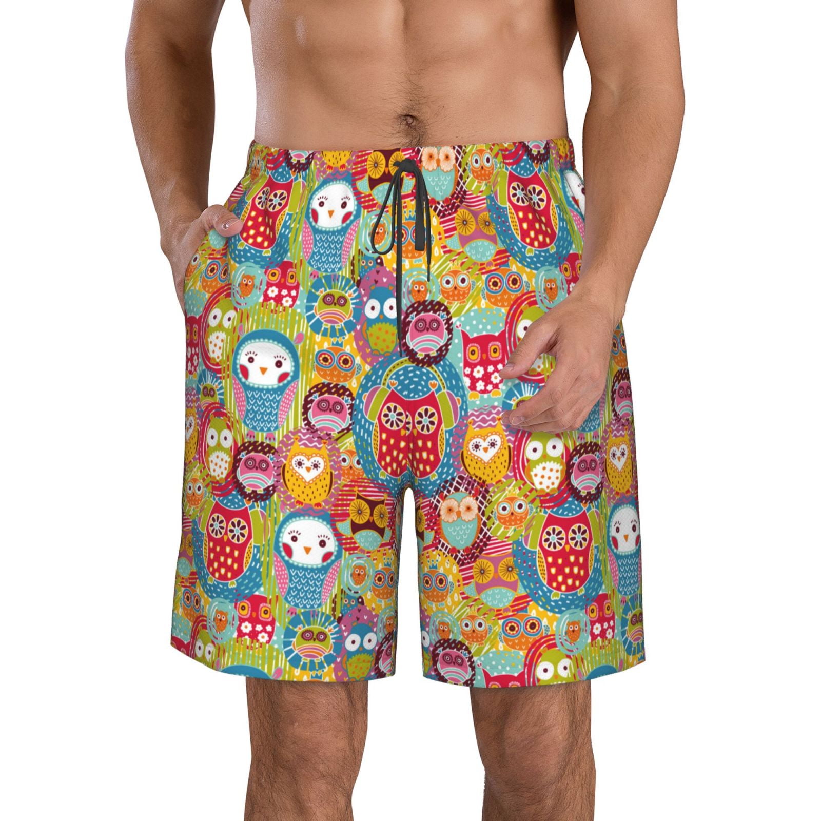 Adobk Boho Cute Owls Print Men's Swim Trunks Hawaiian Bathing Suit ...