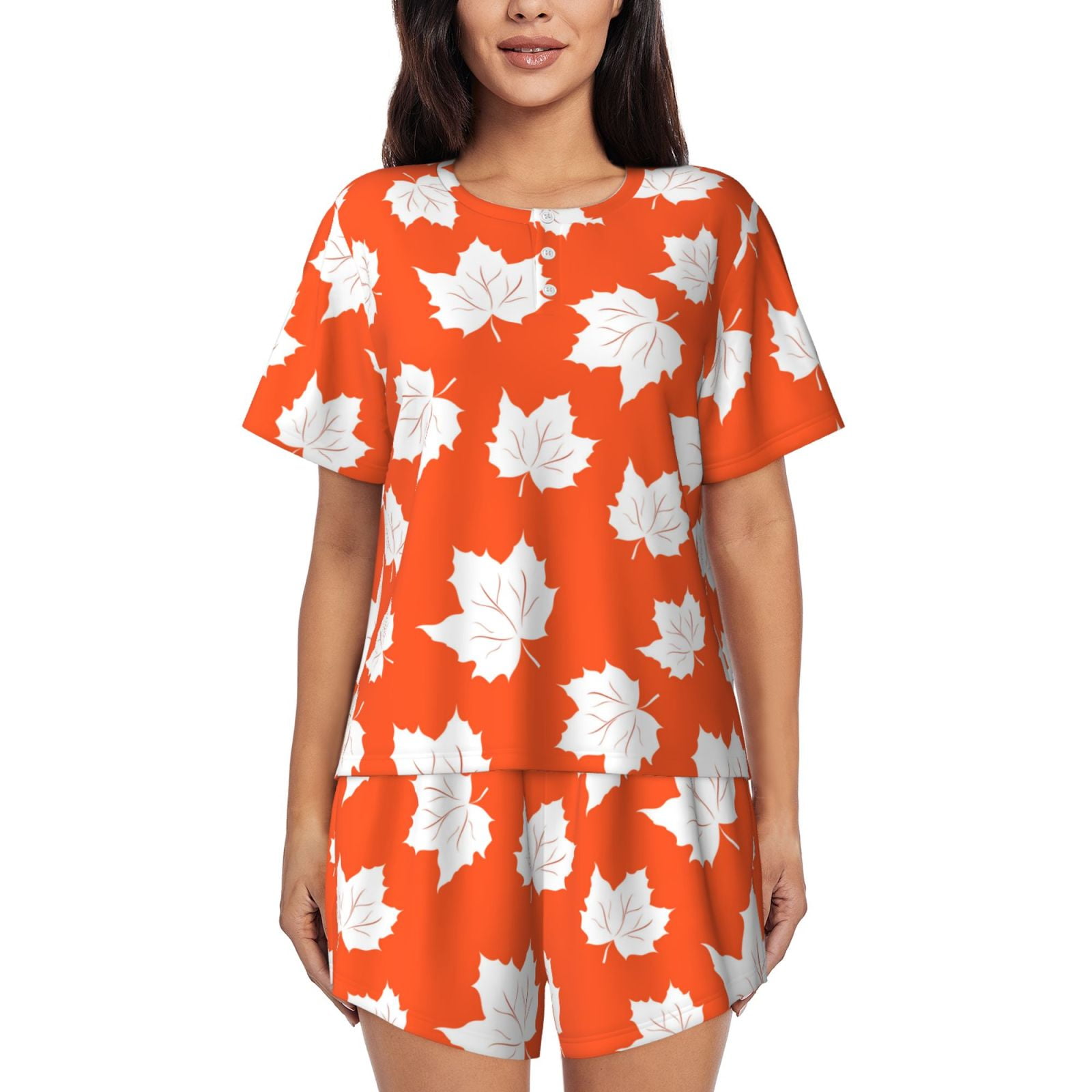 Adobk Bright Autumn Leaves Charm Print Women Pajamas Sets for Short ...