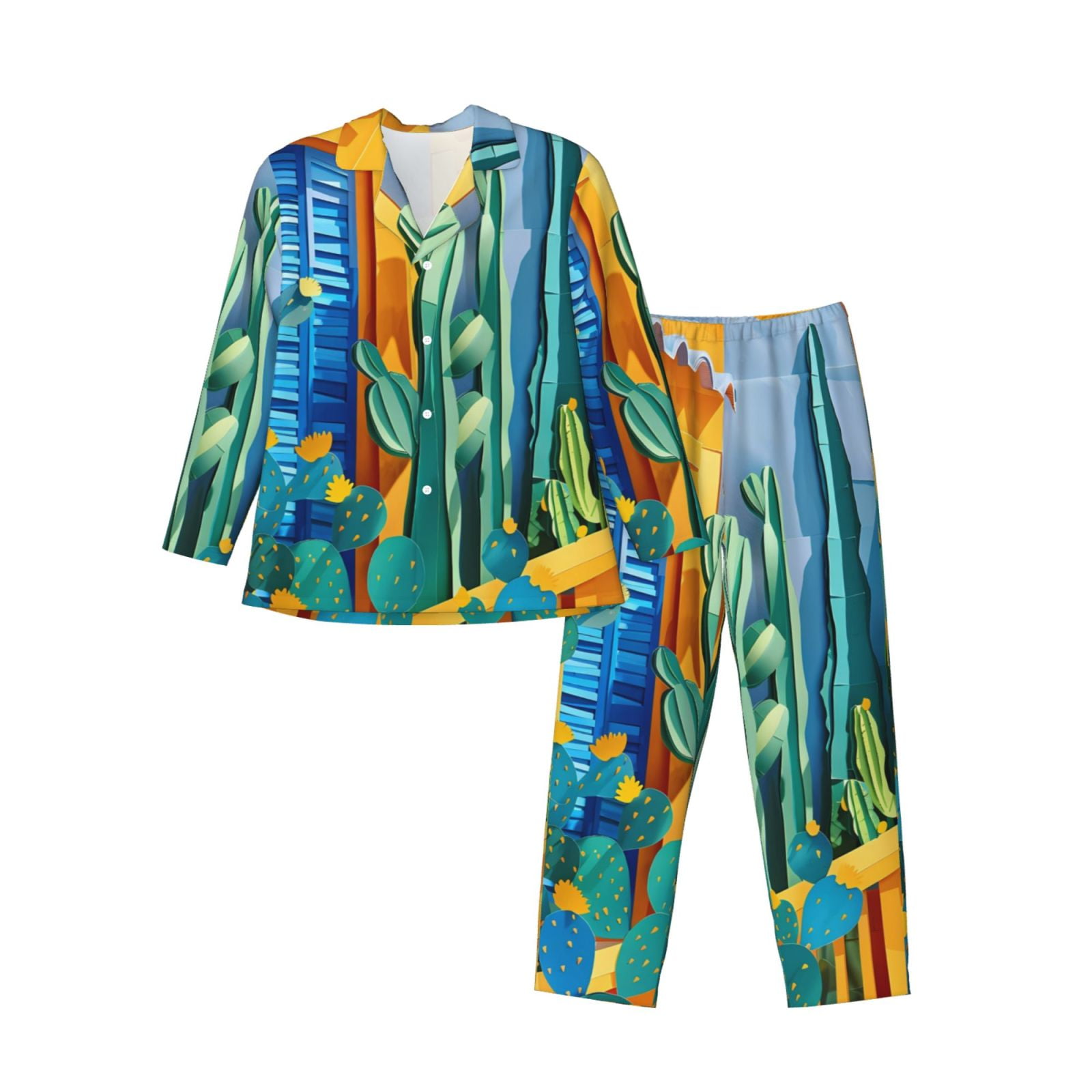 Adobk Bright Paper Cactus Scene Print Mens Pajamas Set Long Sleeve Soft ...