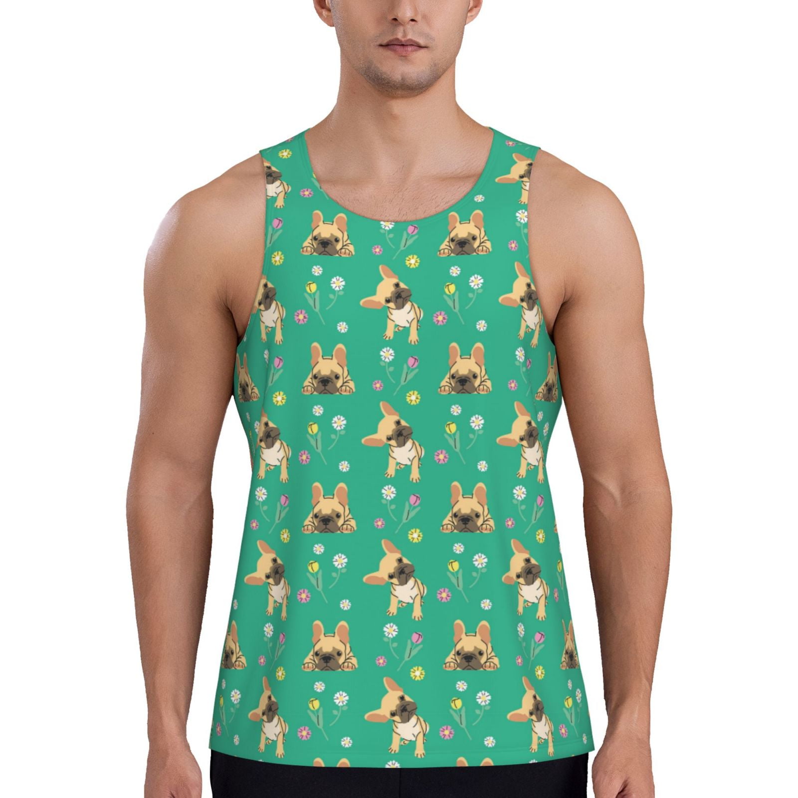 Adobk Bulldog Puppy Flower Print Men's Workout Tank Tops Sleeveless ...