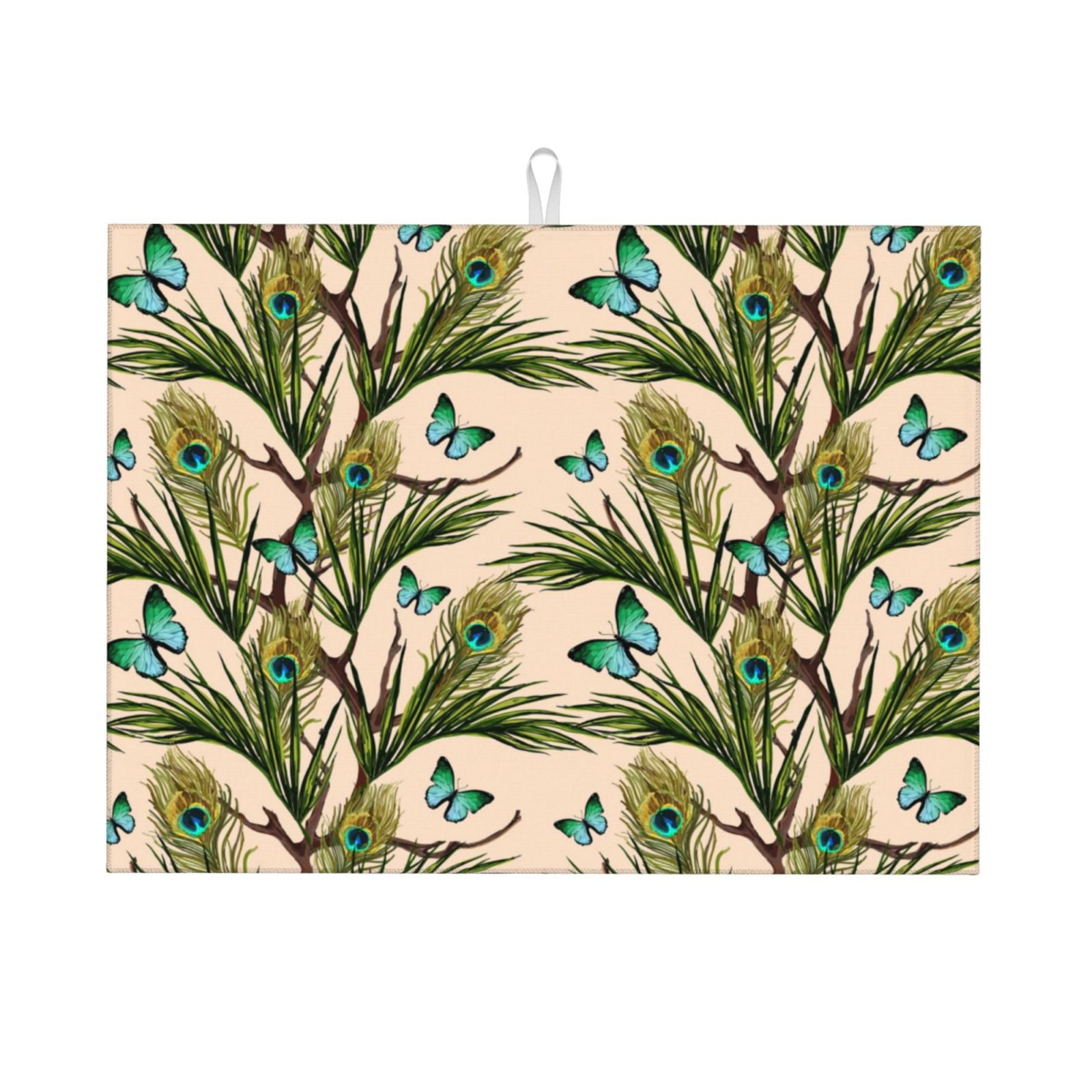 Adobk Butterflies And Peacock Feathers Dish Drying Mat for Kitchen Counter Absorbent Microfiber ...