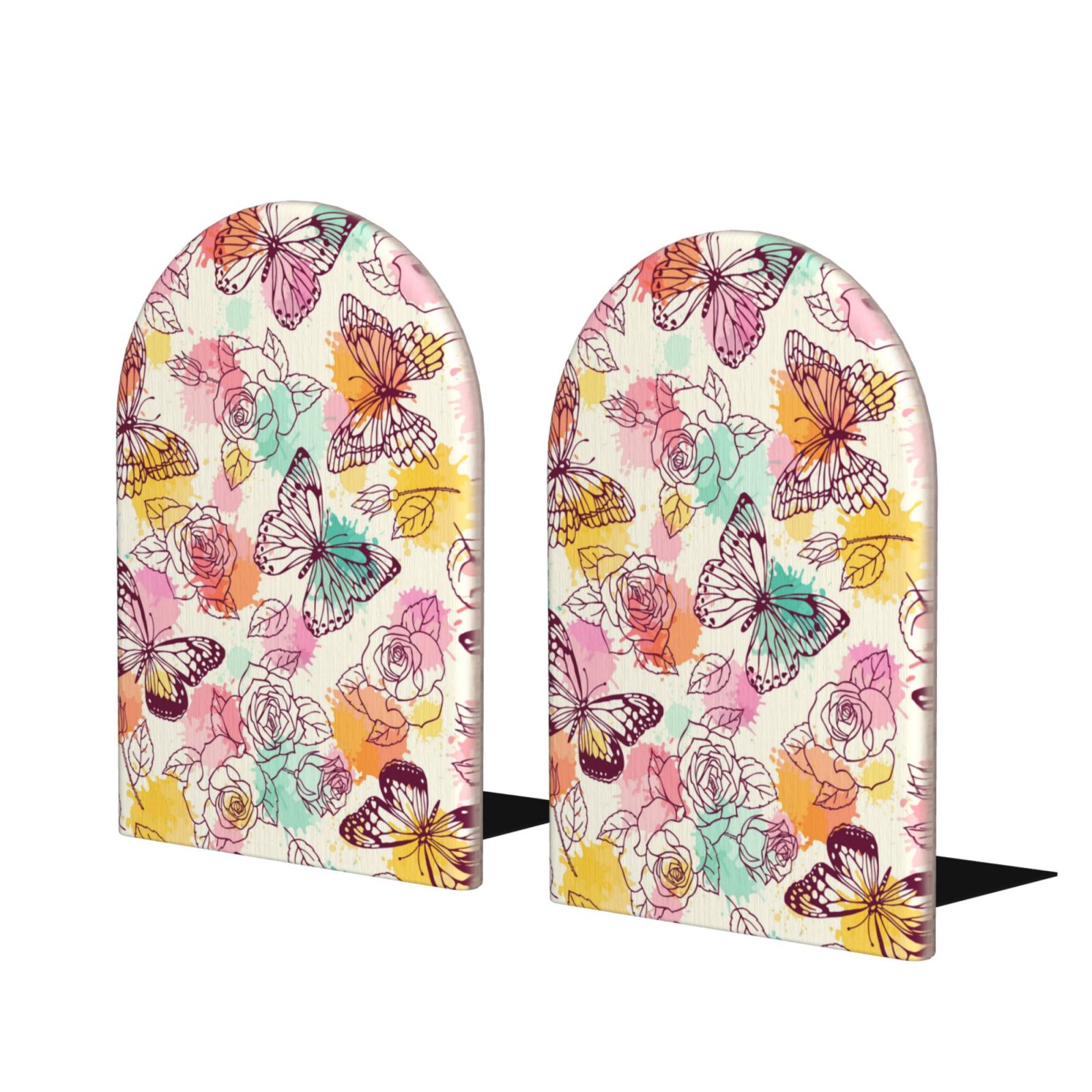 Adobk Butterflies and Roses Print Wooden Bookends with Metal Base,on ...
