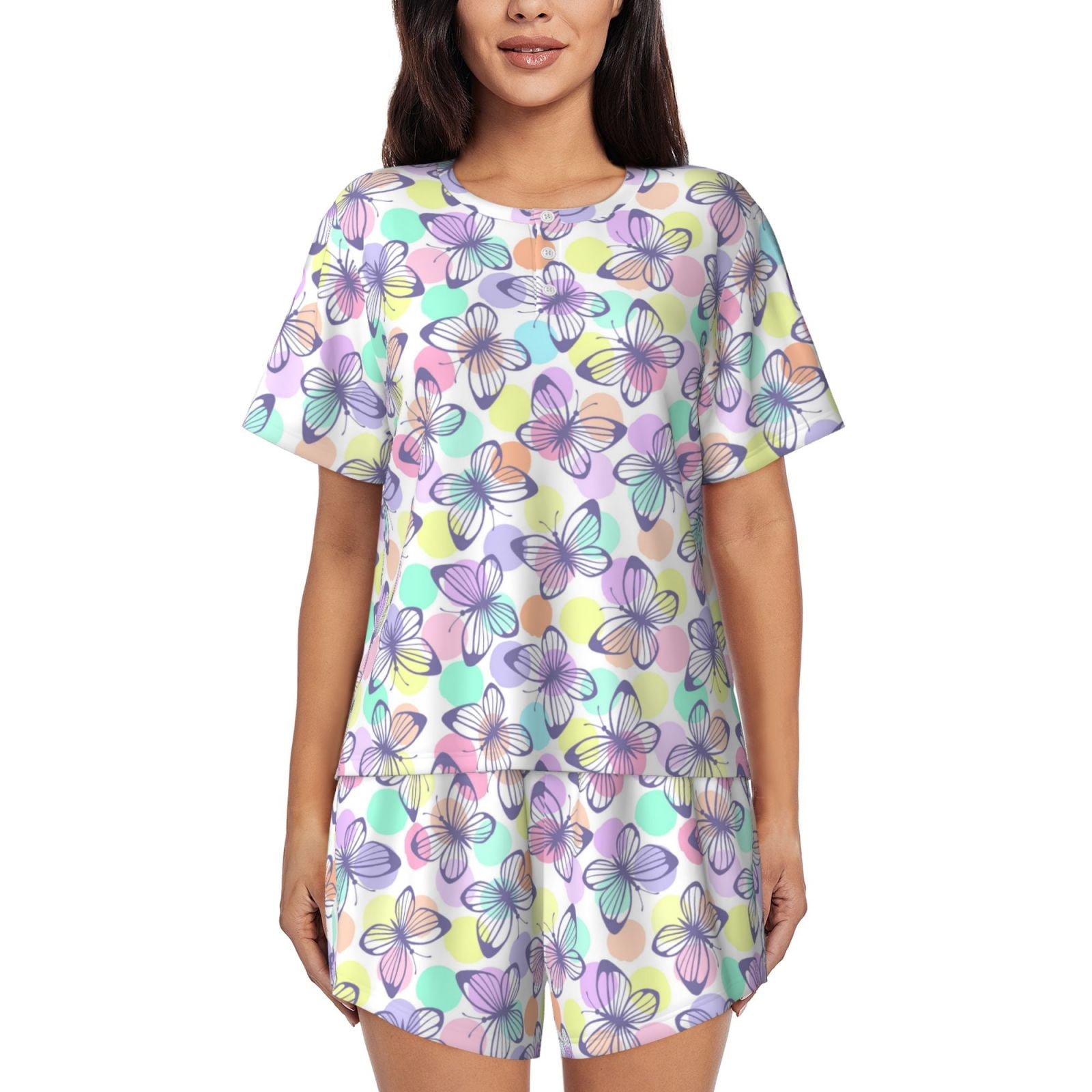 Adobk Butterflies on Polka Dots Print Women Pajamas Sets for Short-Sleeved，Shorts Comfy Pjs ...