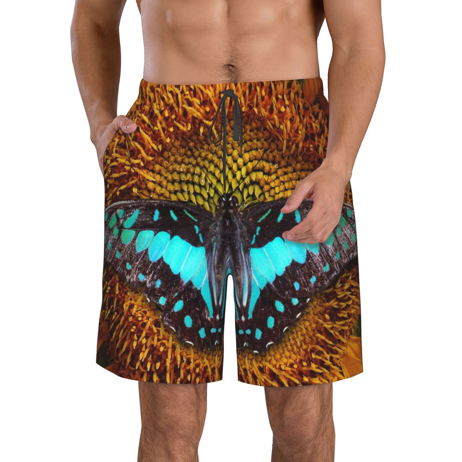 Adobk Butterfly Alighted On Sunflowers Print Men's Swim Trunks Hawaiian ...