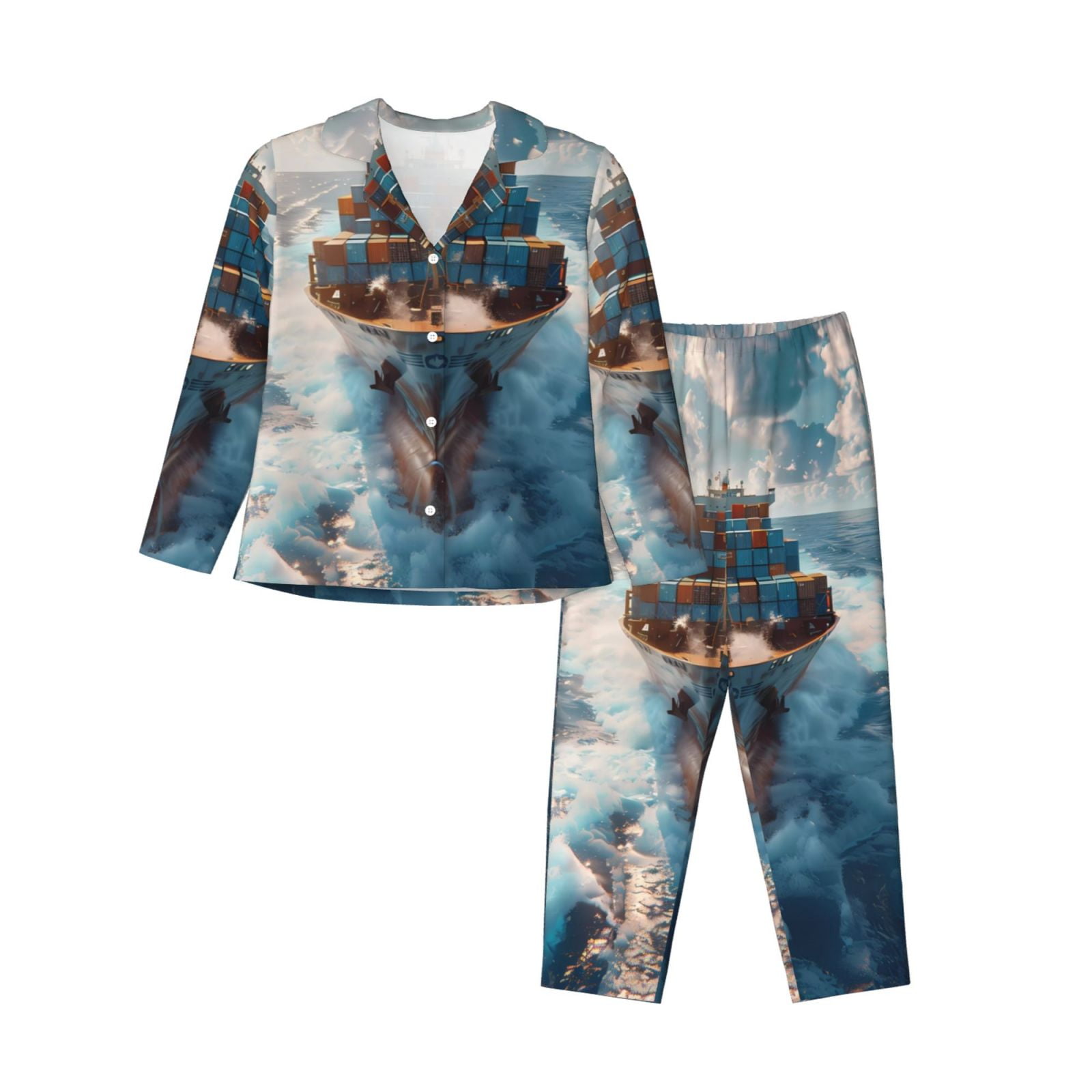 Adobk Cargo Ship At Sea Print Pajamas Set Long Sleeve Sleepwear Womens ...