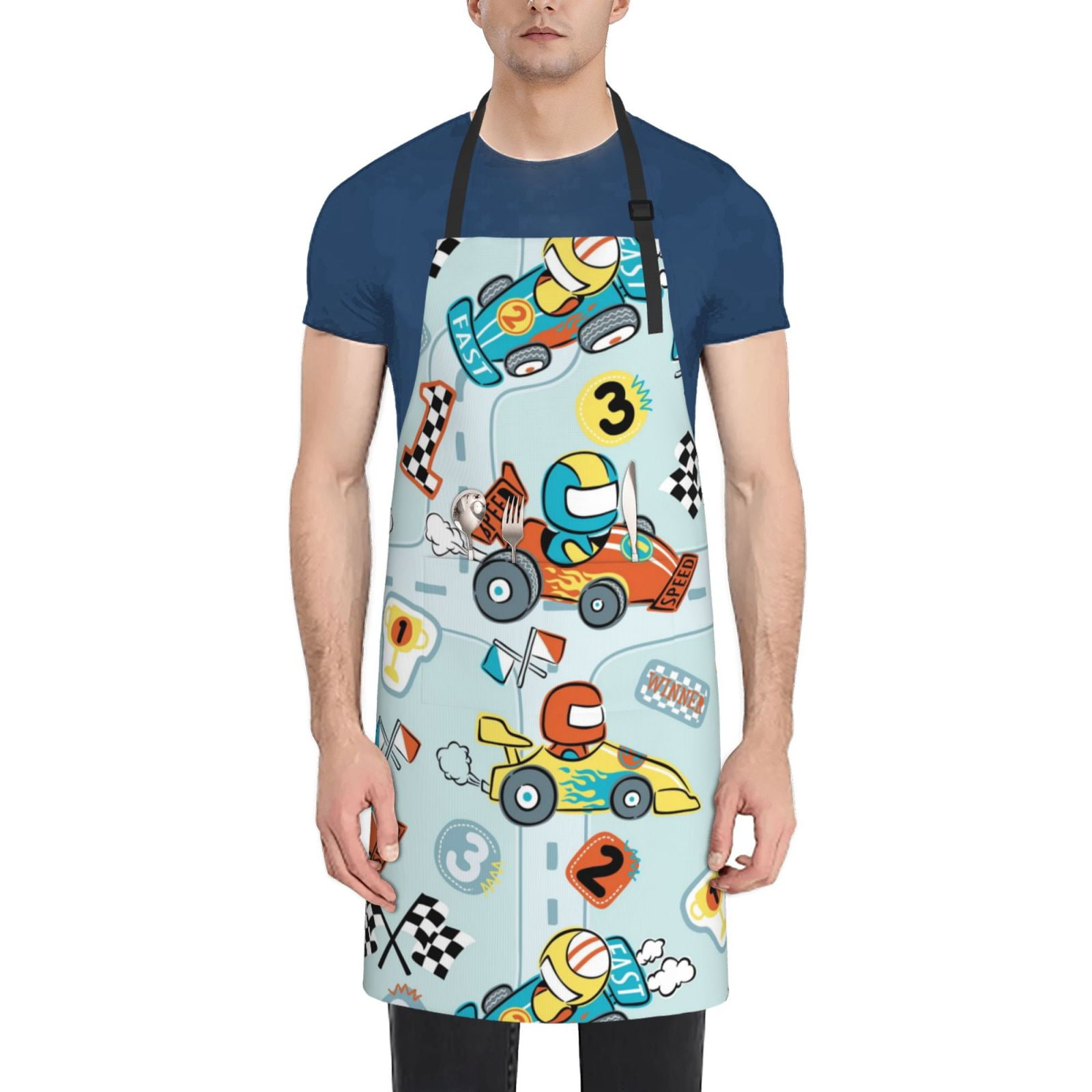 Adobk Cartoon Car Racing Aprons Adjustable Bib Aprons With 2 Pockets ...