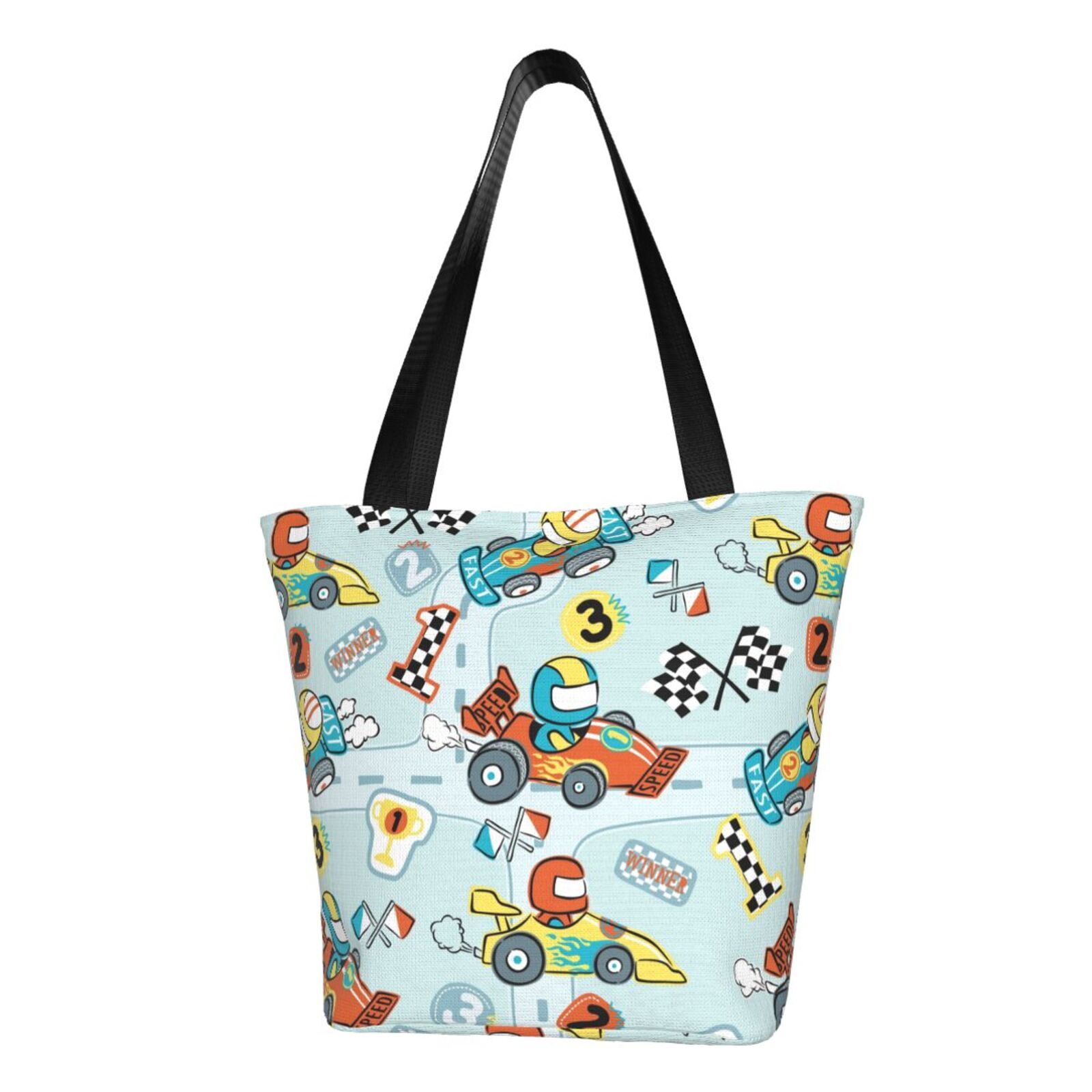 Adobk Cartoon Car Racing，Black And White Grid Canvas Tote Bag Vintage ...