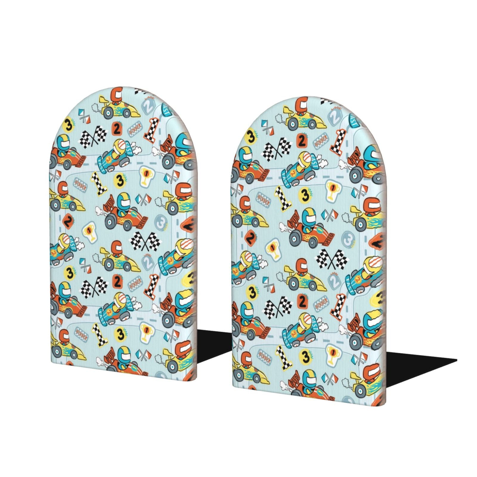 Adobk Cartoon Car Racing Print Wood,Non-Skid Bookend for Shelves ...
