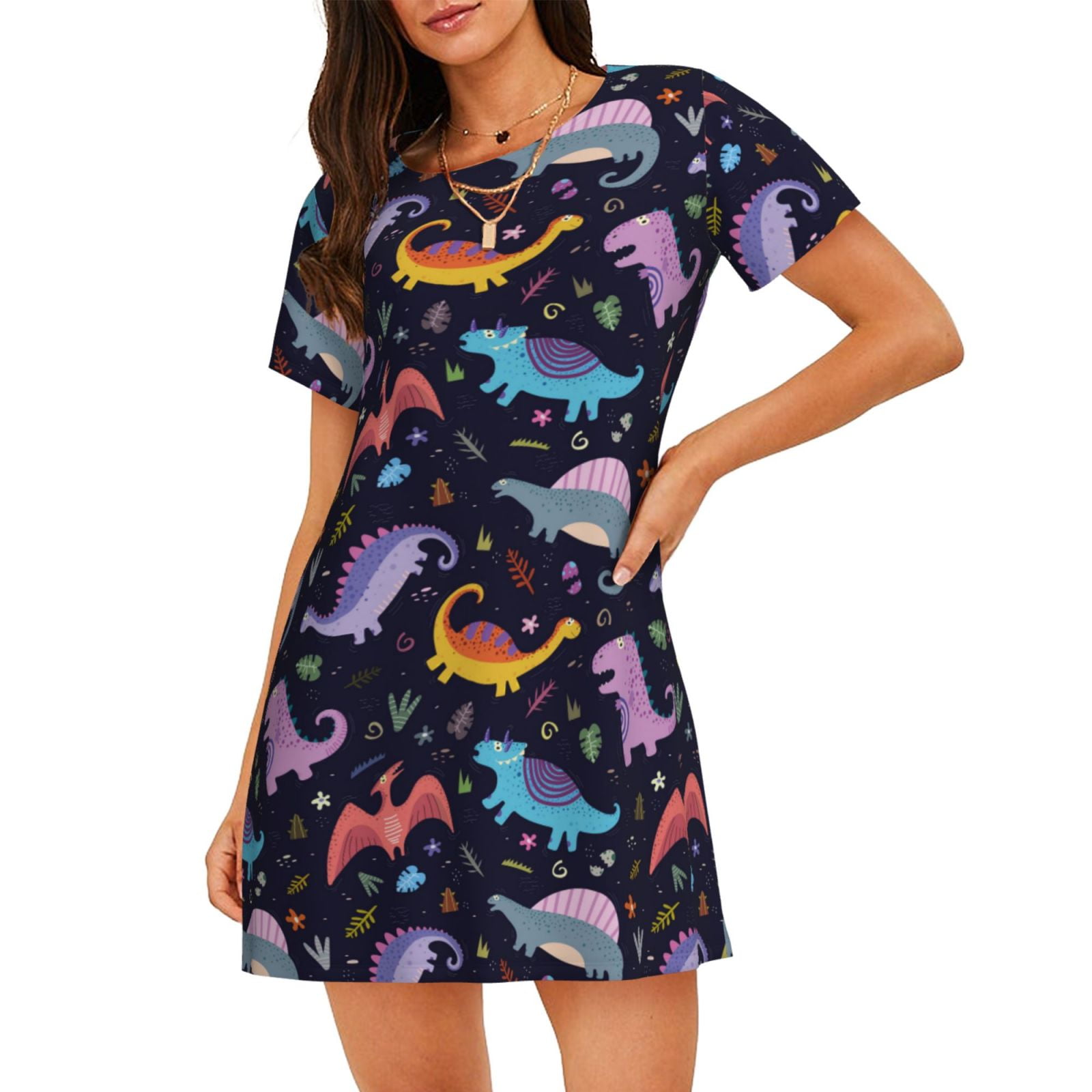 Adobk Cartoon Dinosaur Print Womens Short Sleeve Sleepshirt Scoopneck ...