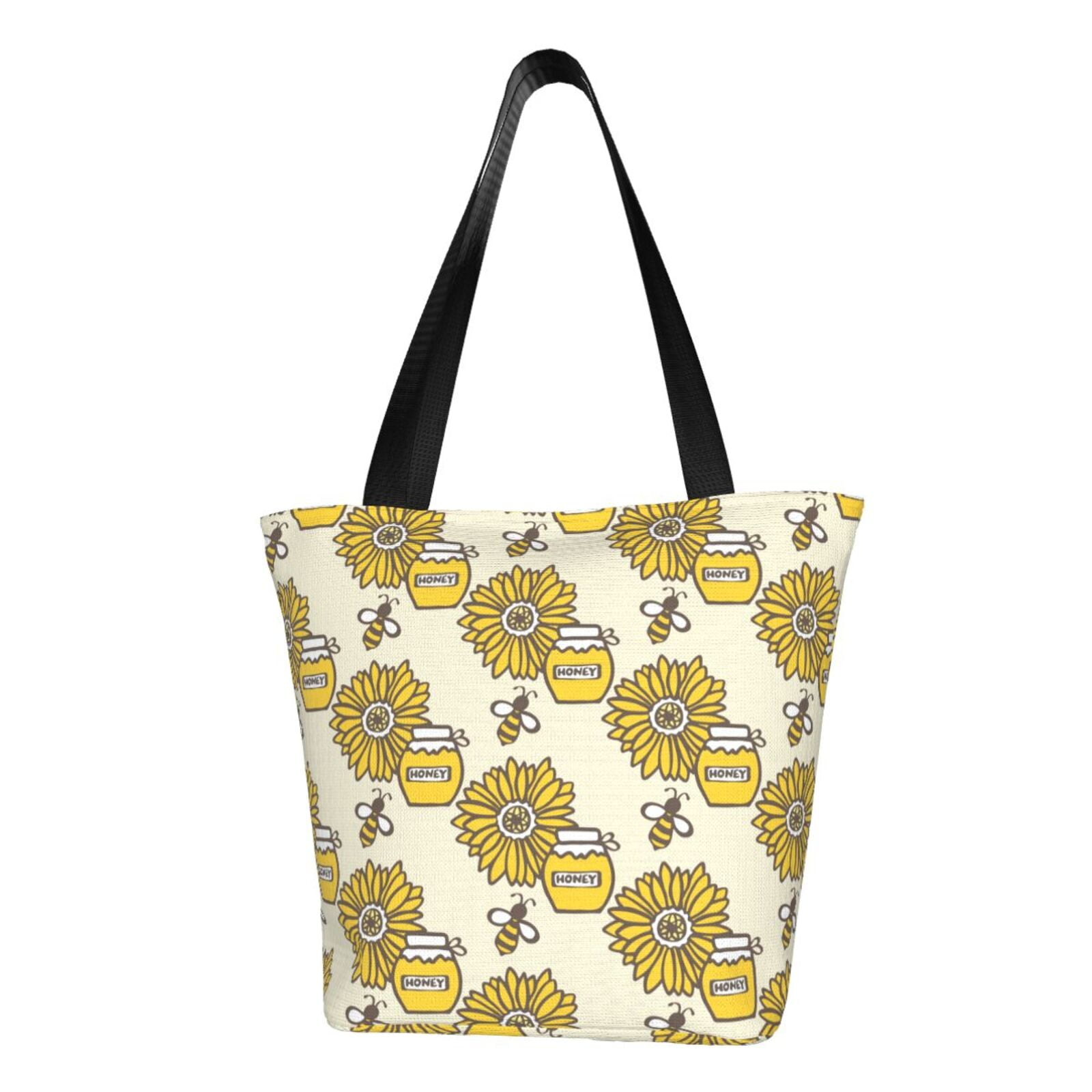 Adobk Cartoon Honey Pot Bee Sunflower Canvas Tote Bag Vintage Tote Bag Shopping Bags Beach Bag ...