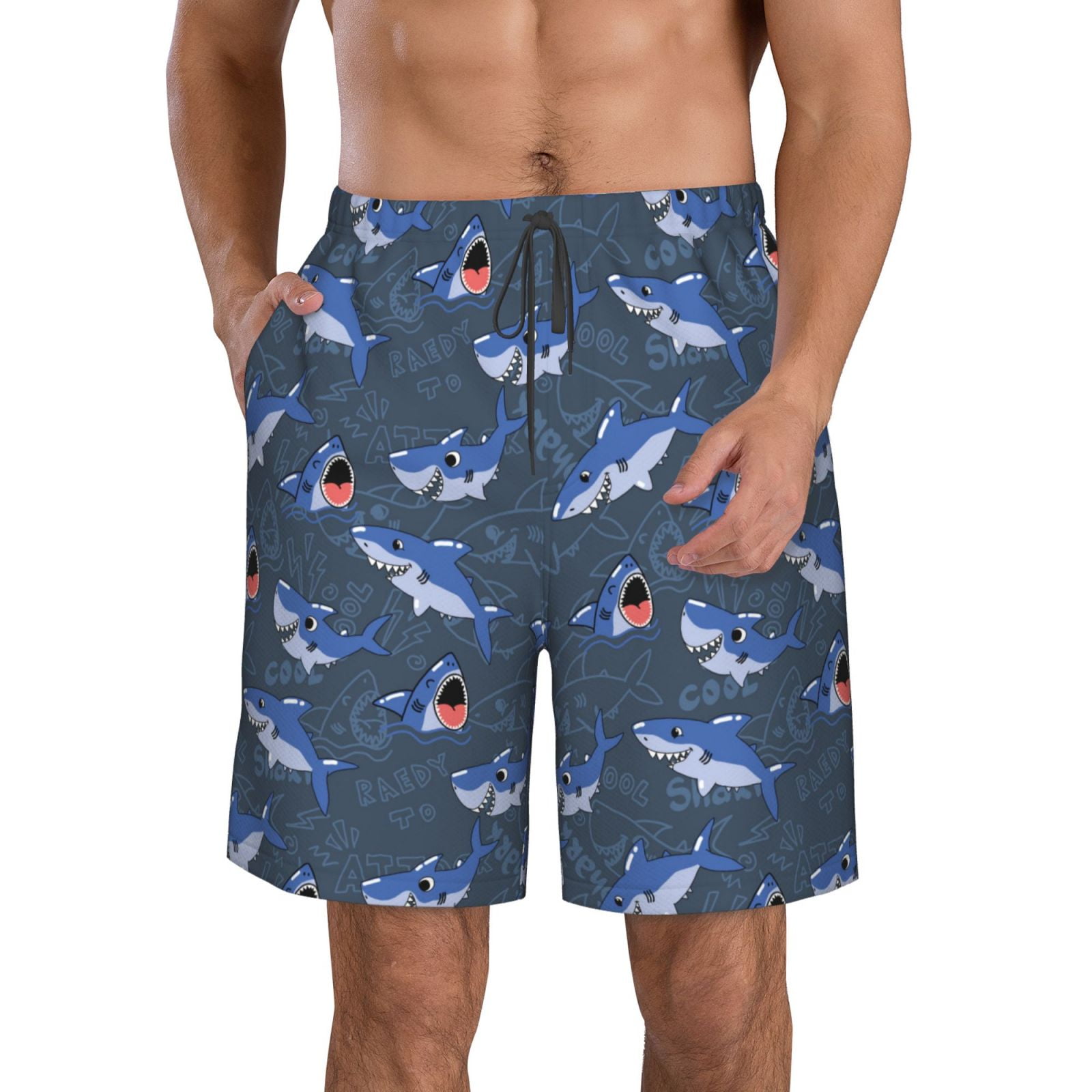Adobk Cartoon Shark Print Men's Swim Trunks Hawaiian Bathing Suit ...