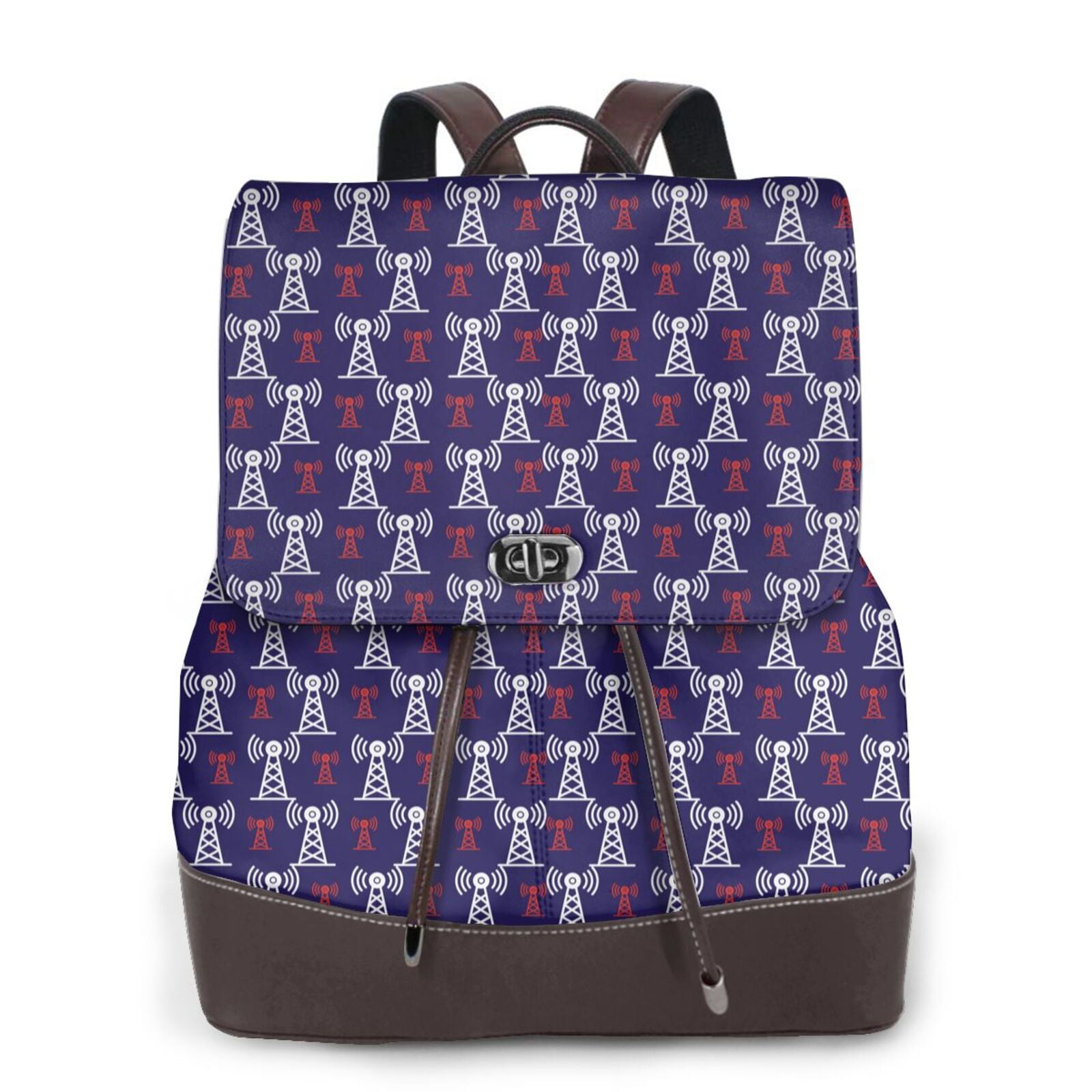 Adobk Cell Tower Print Leather Backpack Vintage Laptop Bookbag for ...