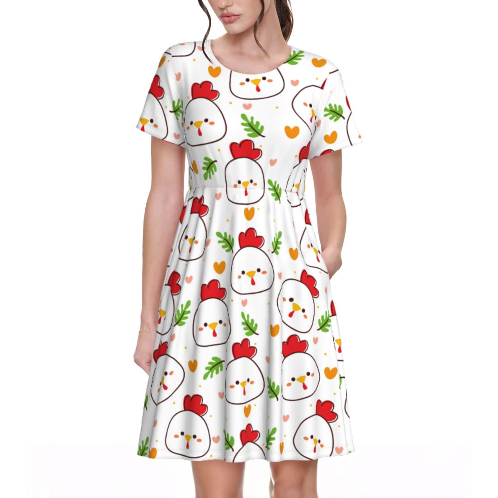Adobk Chicken And Plant Print Women’s Short Sleeve Dress, Comfortable ...