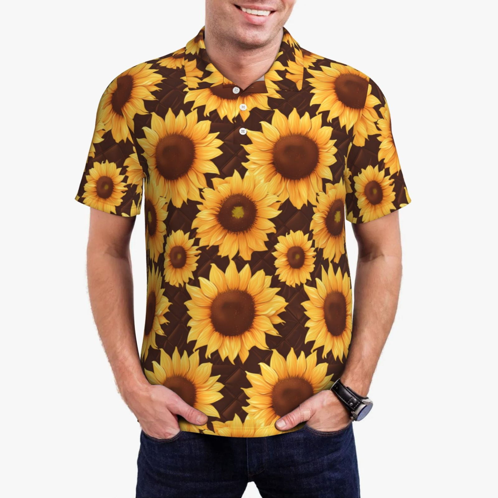 Adobk Chocolate Plaid Sunflower Print Men’s Classic Polo Shirt Short ...