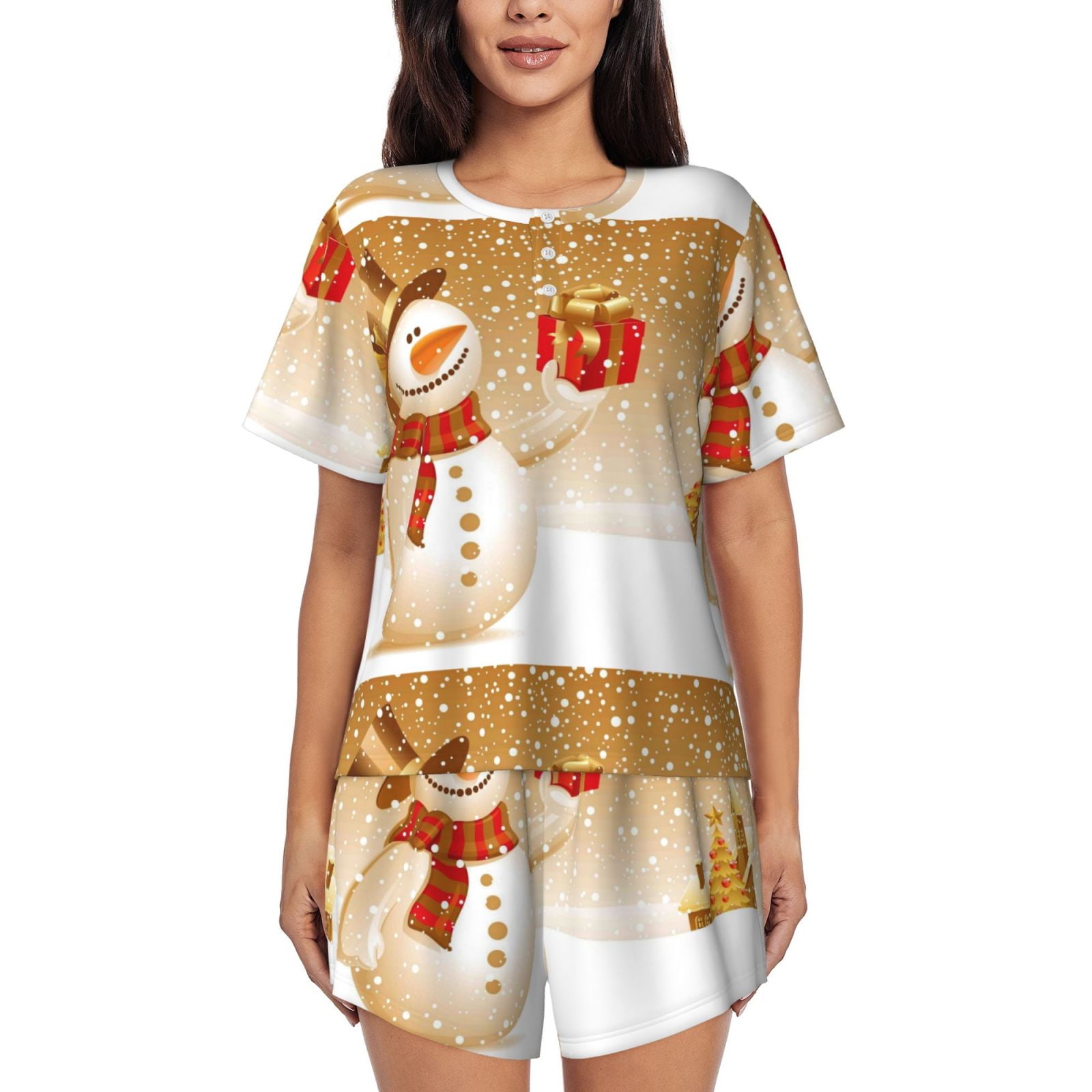 Adobk Christmas Snowman Gift Print Women Pajamas Sets for Short-Sleeved ...