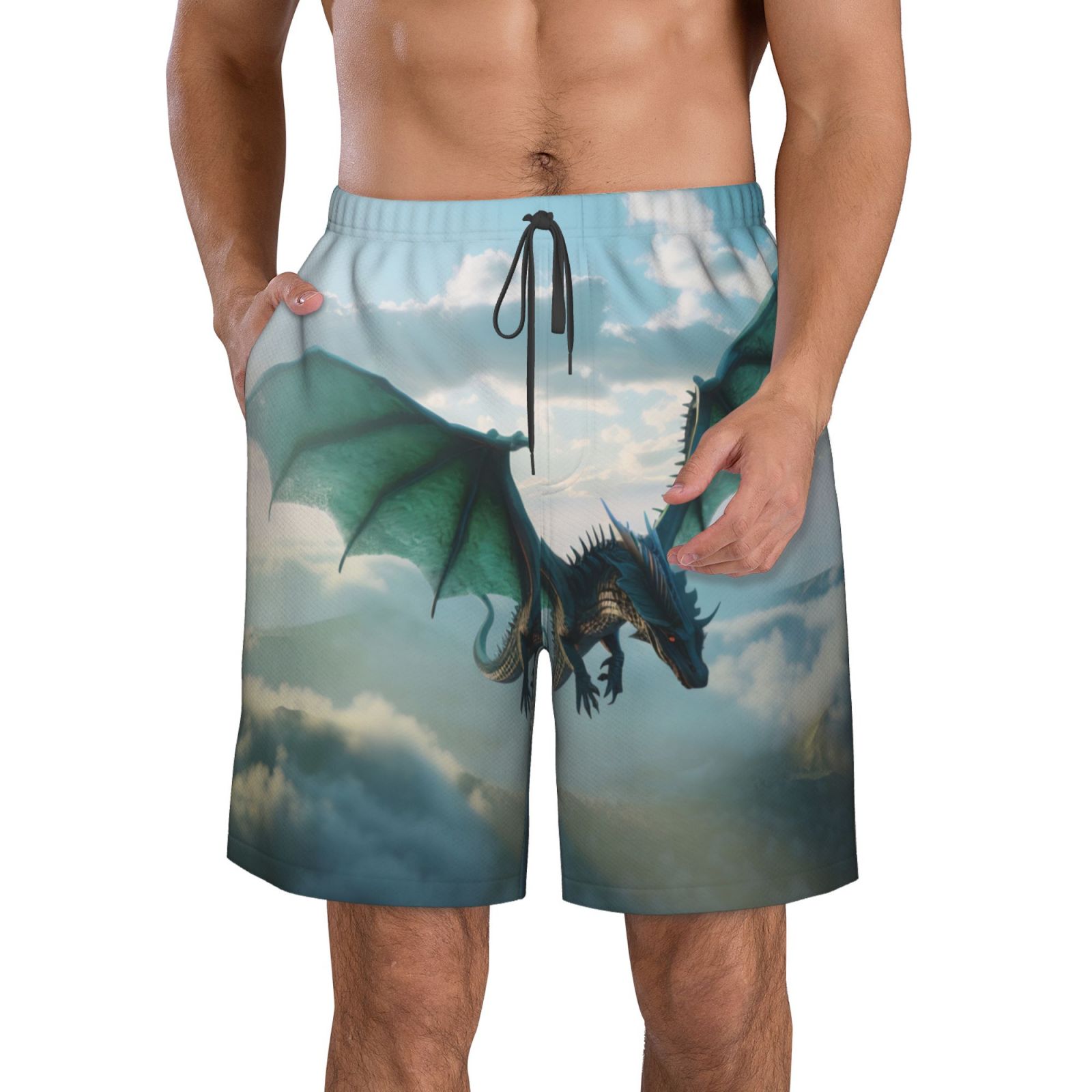 Adobk Cloud Sky Green Dragon Print Men's Swim Trunks Hawaiian Bathing ...