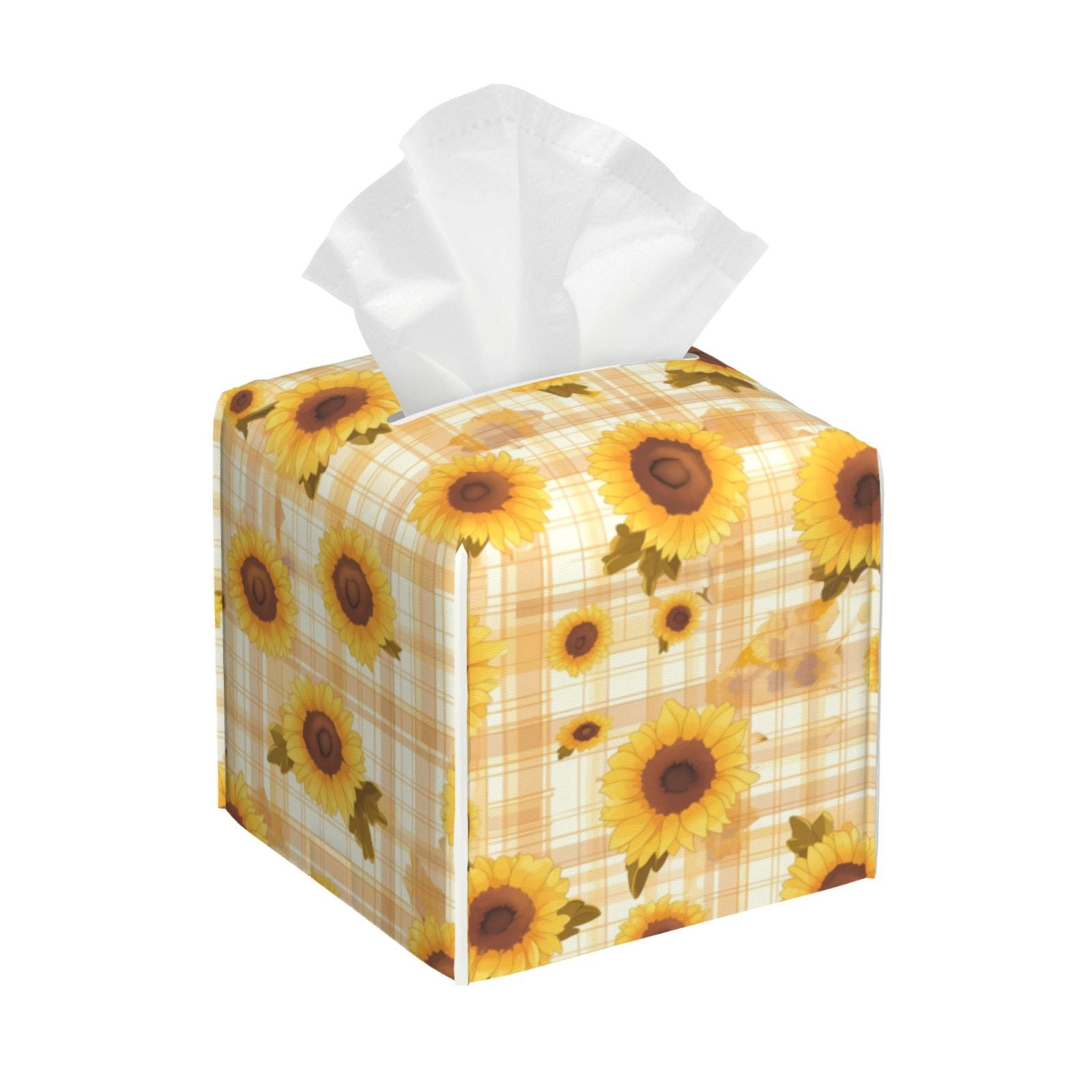 Adobk Coffee Plaid Sunflower Print Tissue Box Cover, Square PU Leather ...