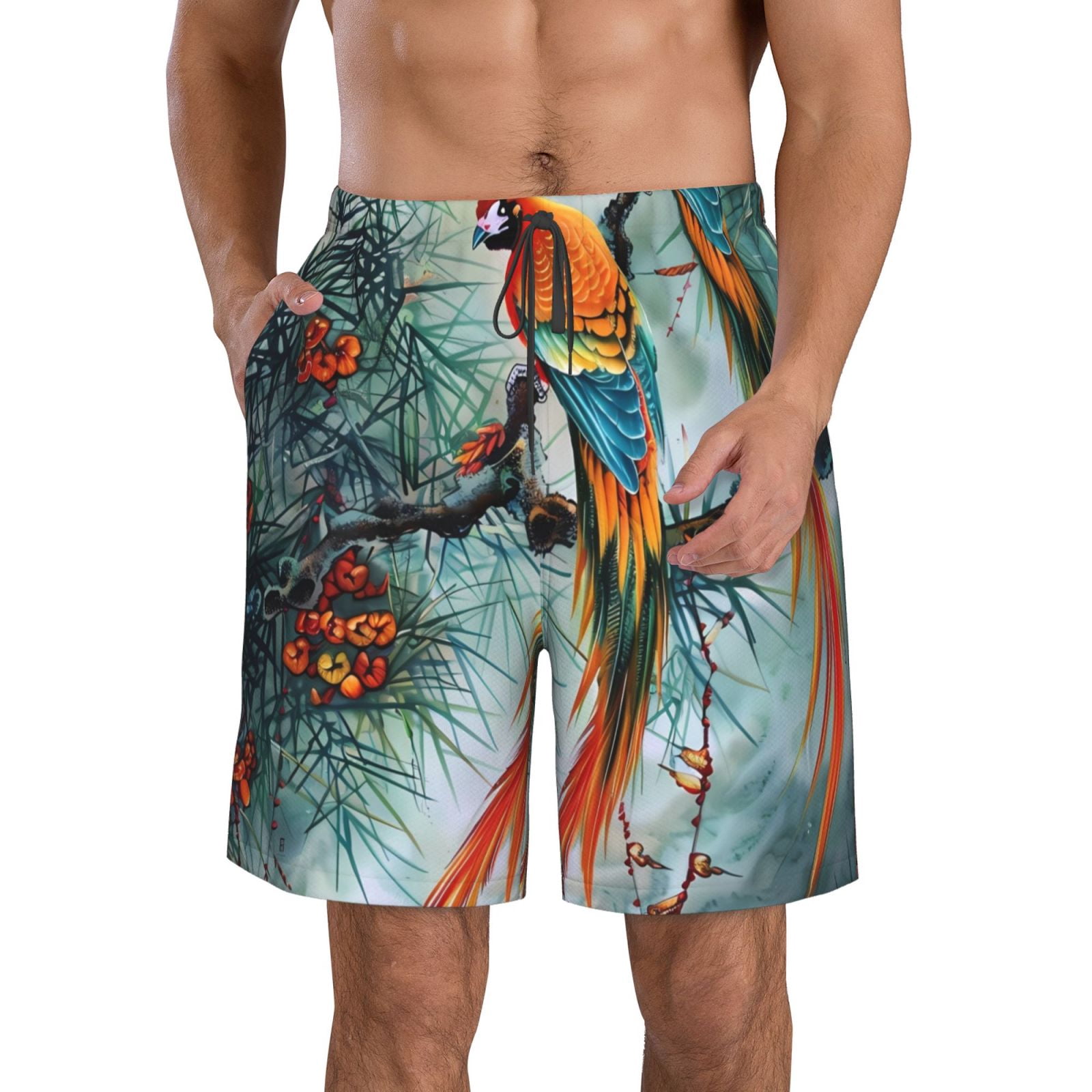 Adobk Colorful Birds Pine Branch Print Men's Swim Trunks Hawaiian ...