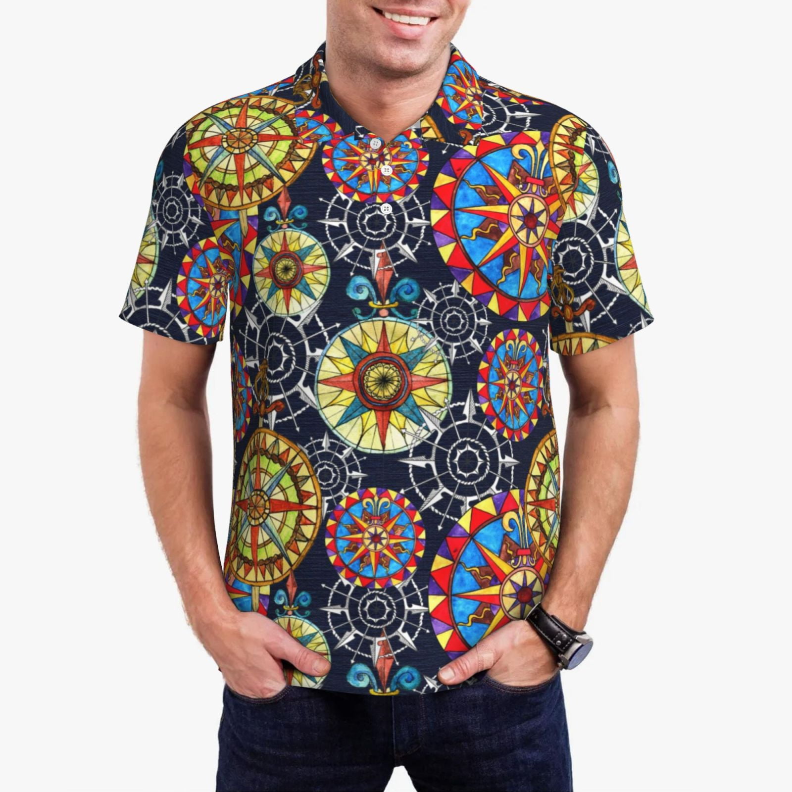 Adobk Colorful Compasses Print Men’s Classic Polo Shirt Short Sleeve ...