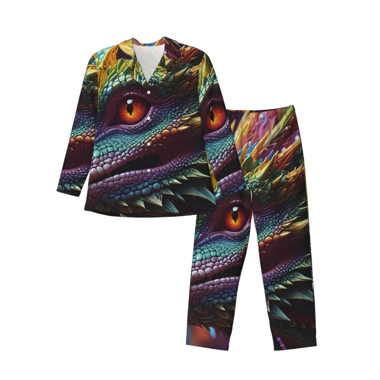 Adobk Colorful Dragon Head Profile Print Mens Pajamas Set Long Sleeve ...