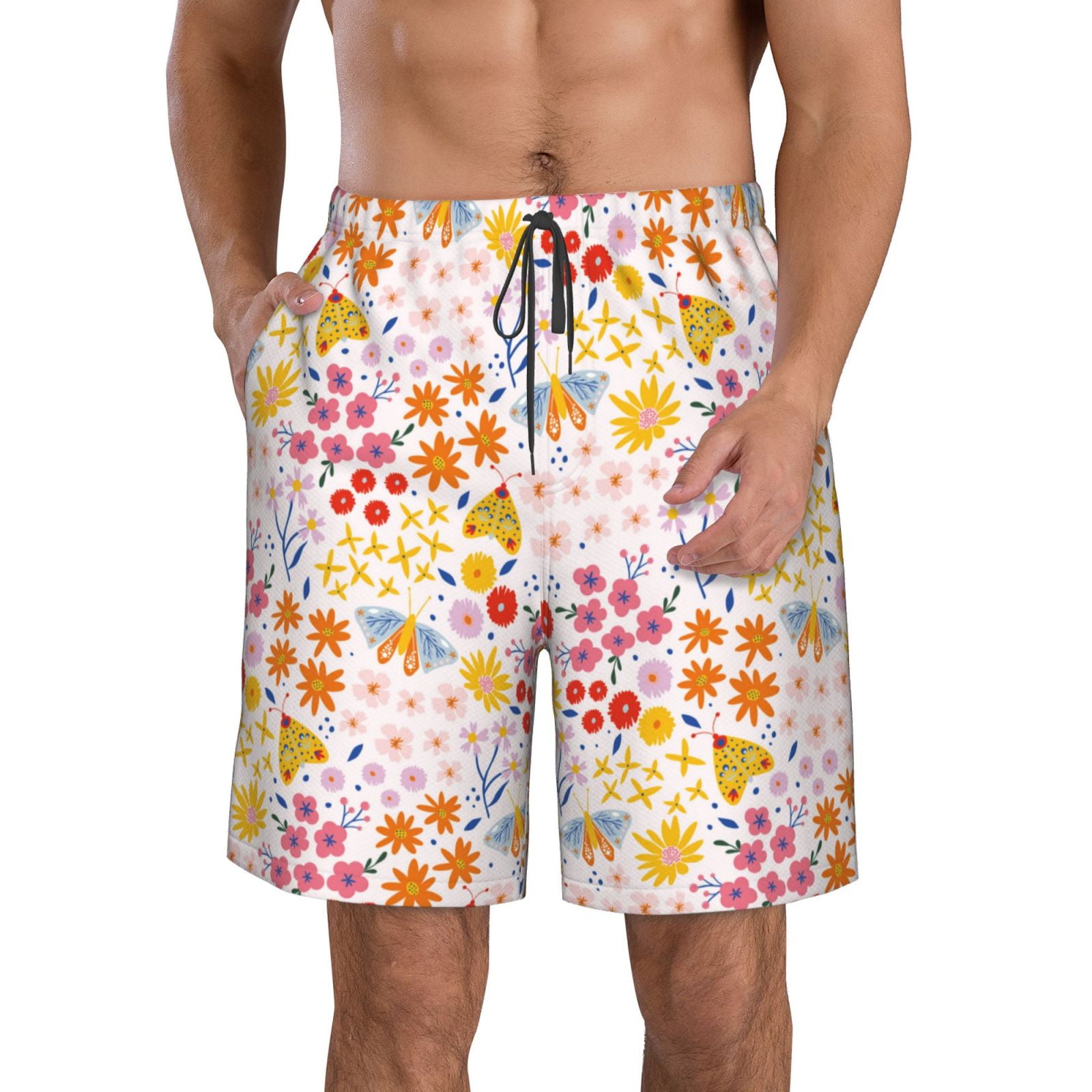 Adobk Colorful Floral Print Men's Swim Trunks Hawaiian Bathing Suit ...