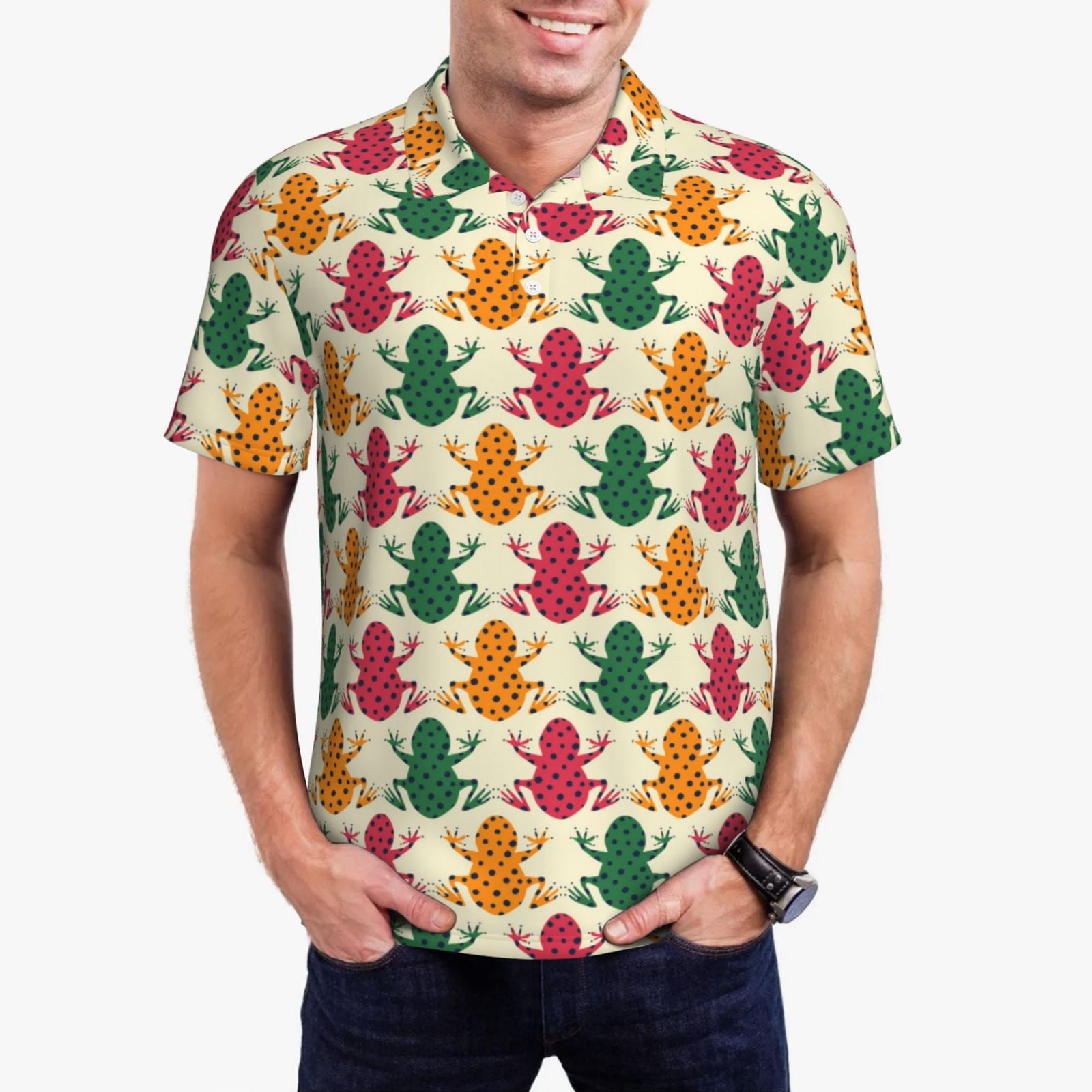 Adobk Colorful Frogs Print Men’s Classic Polo Shirt Short Sleeve Shirts ...