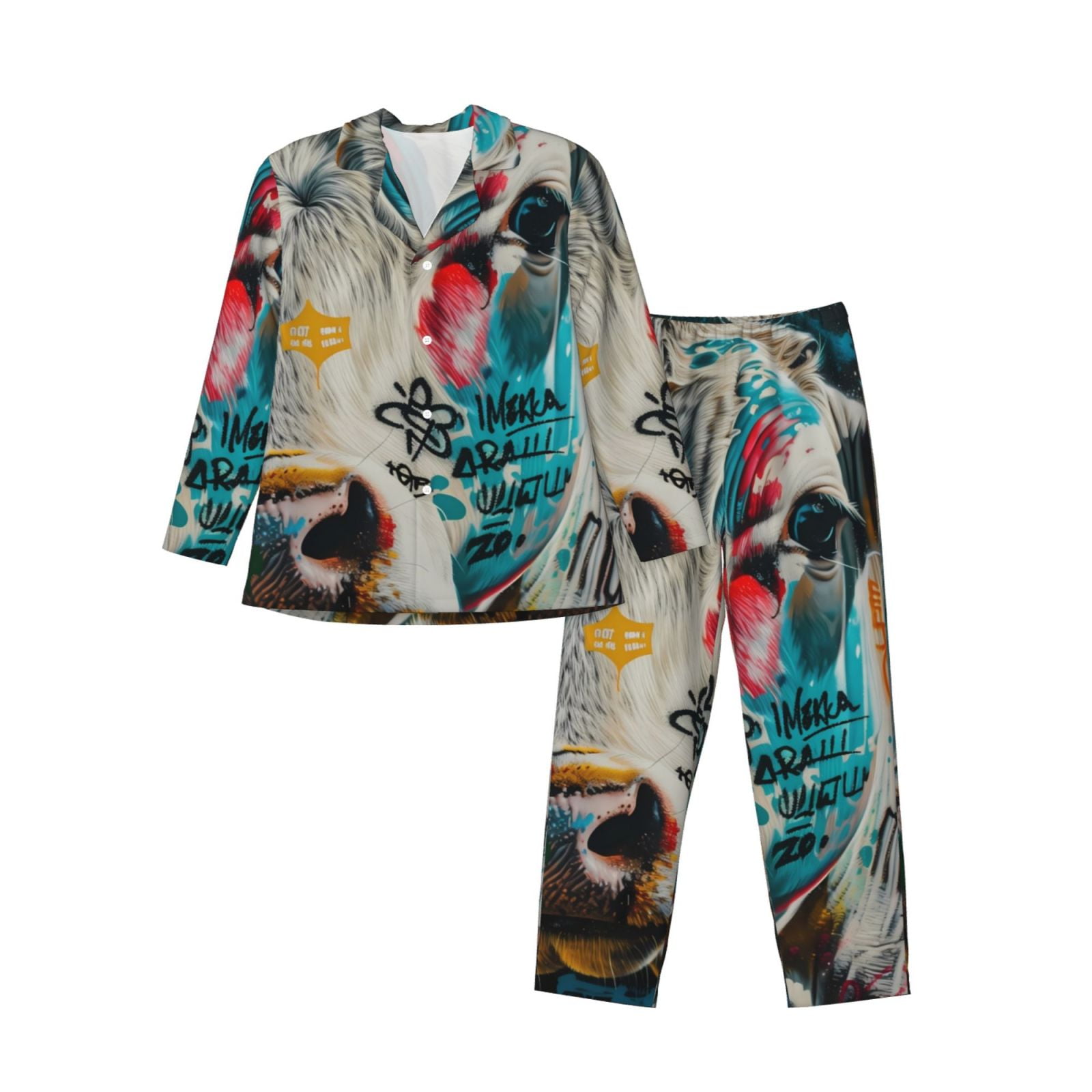 Adobk Colorful Graffiti Cow Print Mens Pajamas Set Long Sleeve Soft ...