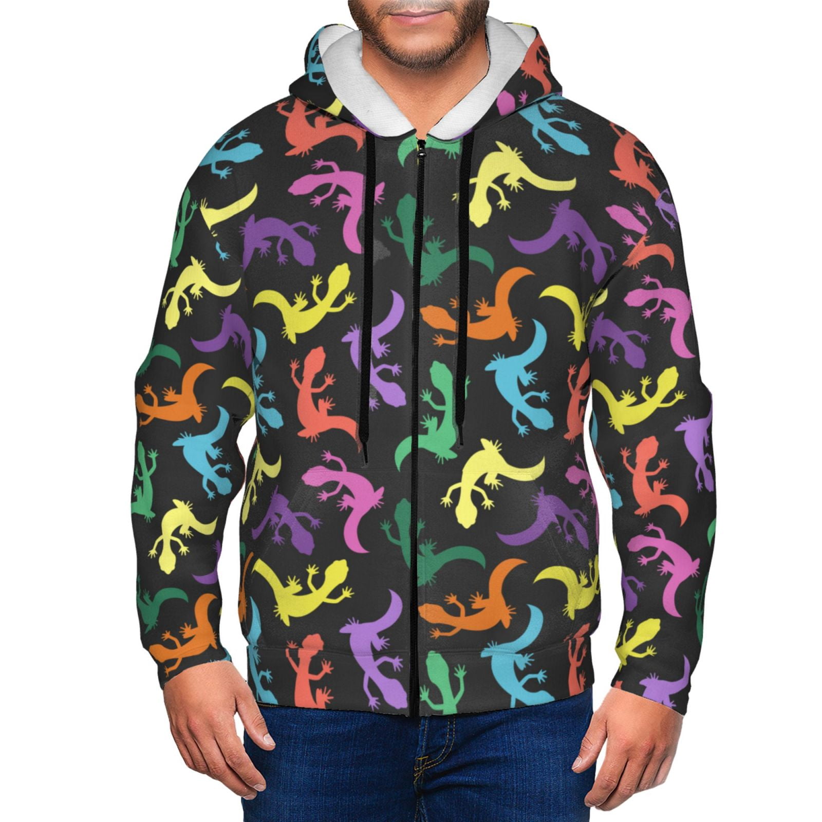 Adobk Colorful Lizards Print Mens Full-zip Hoodie, Zip-up Hooded ...